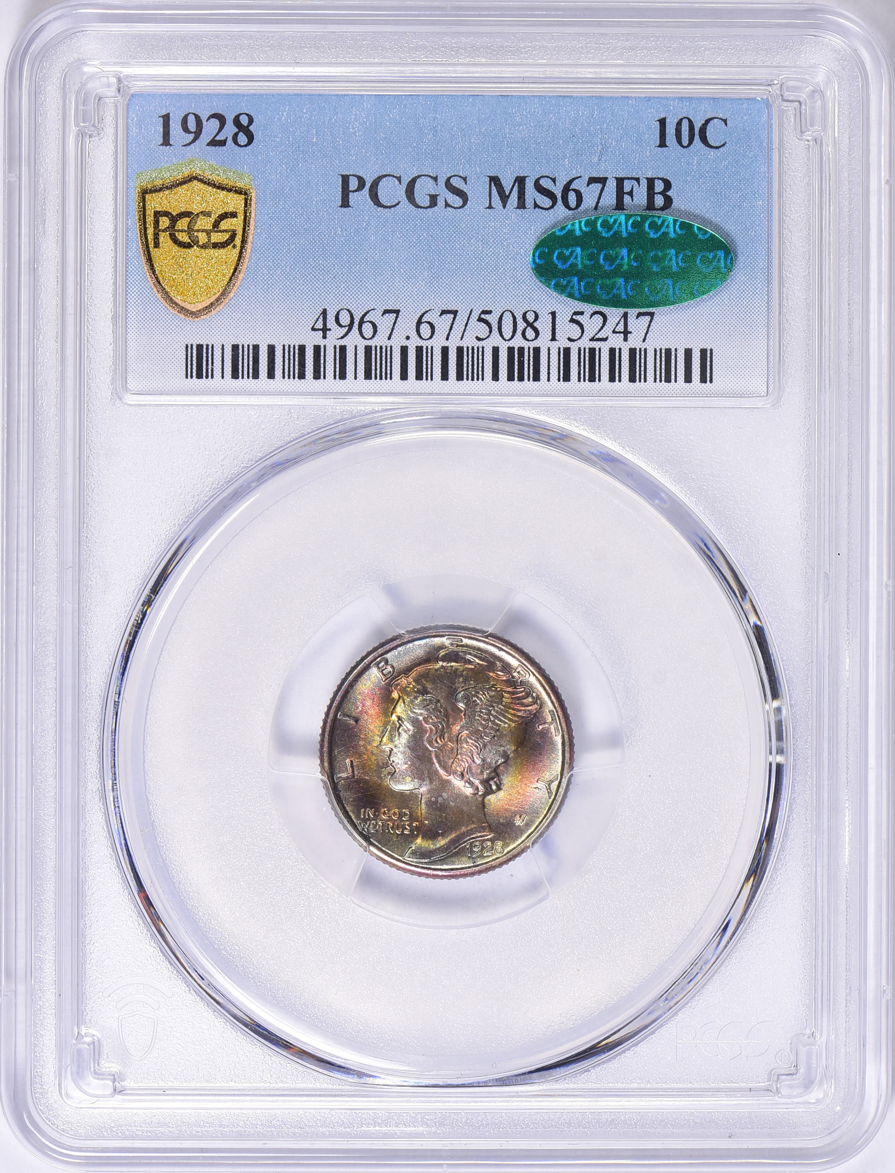 1928 Mercury Dime PCGS MS-67 FB (CAC Green) (Toned) (Item 1683754) | GreatCollections Coin Auctions