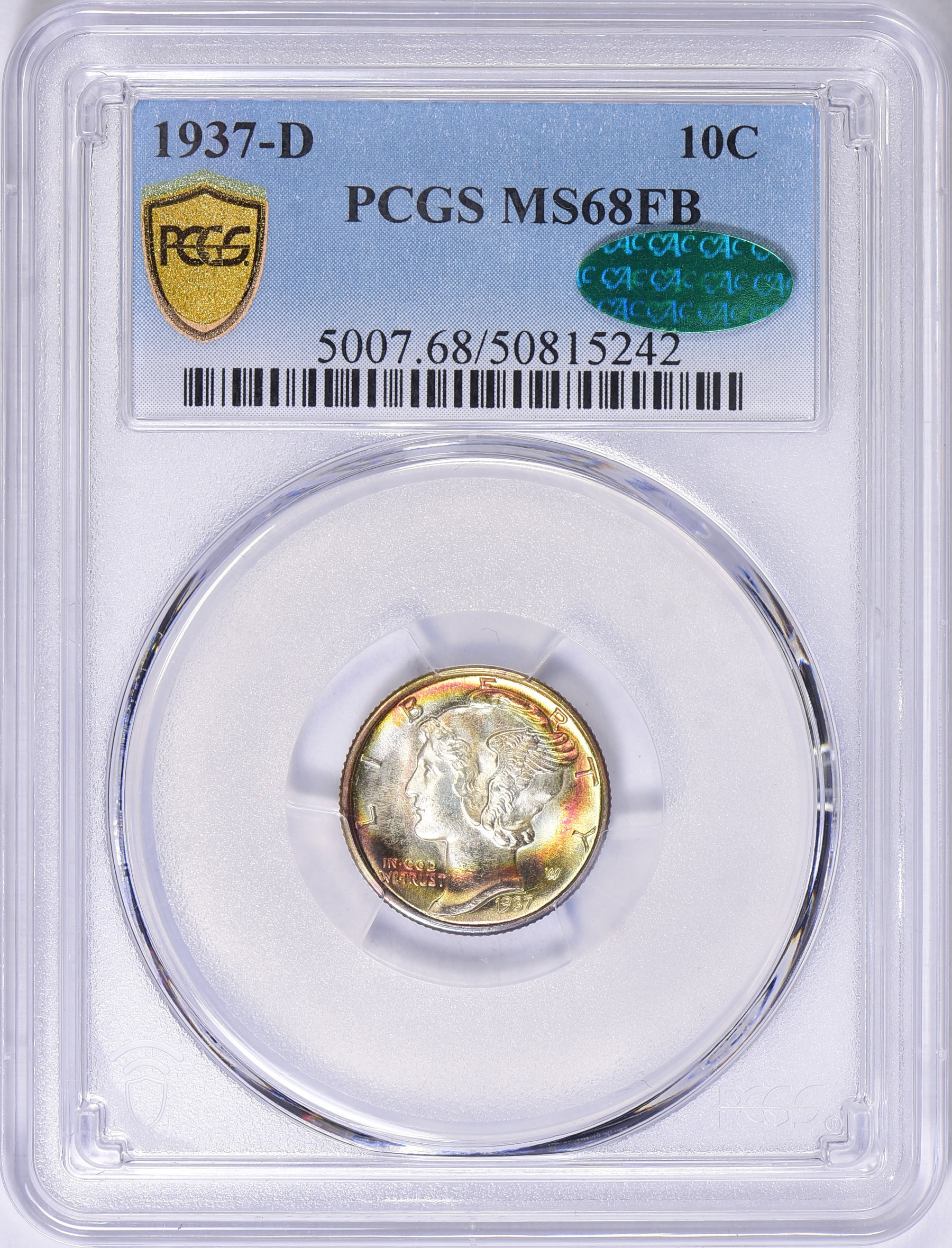 1937-D Mercury Dime PCGS MS-68 FB (CAC Green) (Toned) (Item 1683756) | GreatCollections Coin ...
