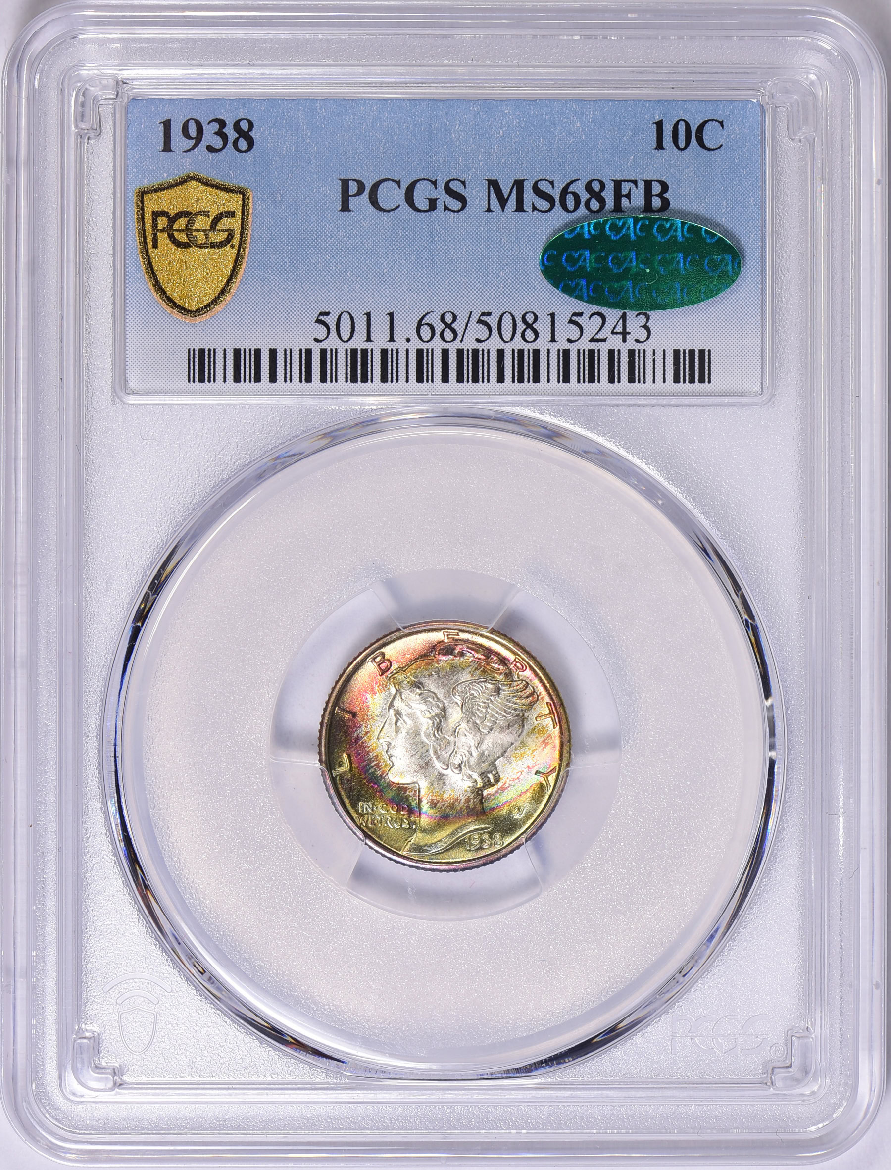 1938 Mercury Dime PCGS MS-68 FB (CAC Green) (Toned) (Item 1683757) | GreatCollections Coin Auctions
