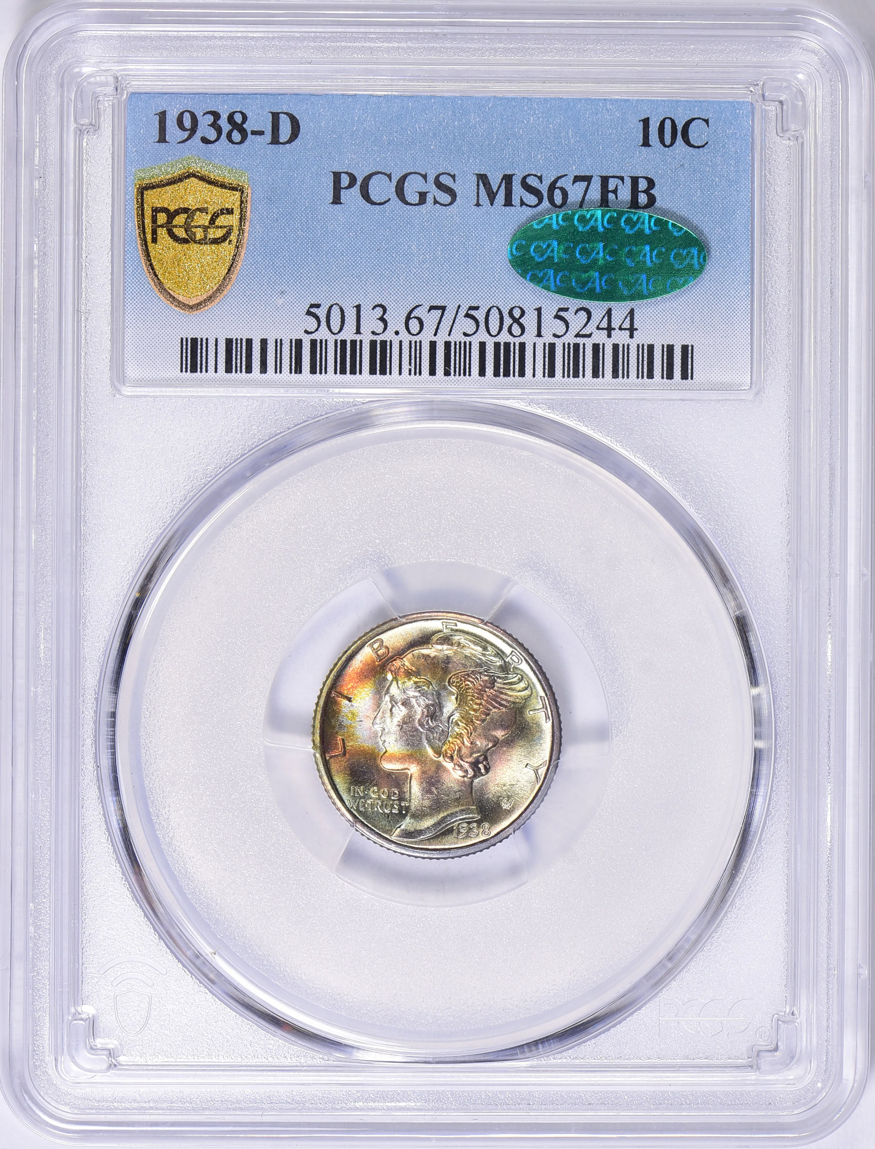 1938-D Mercury Dime PCGS MS-67 FB (CAC Green) (Toned) (Item 1683758) | GreatCollections Coin ...