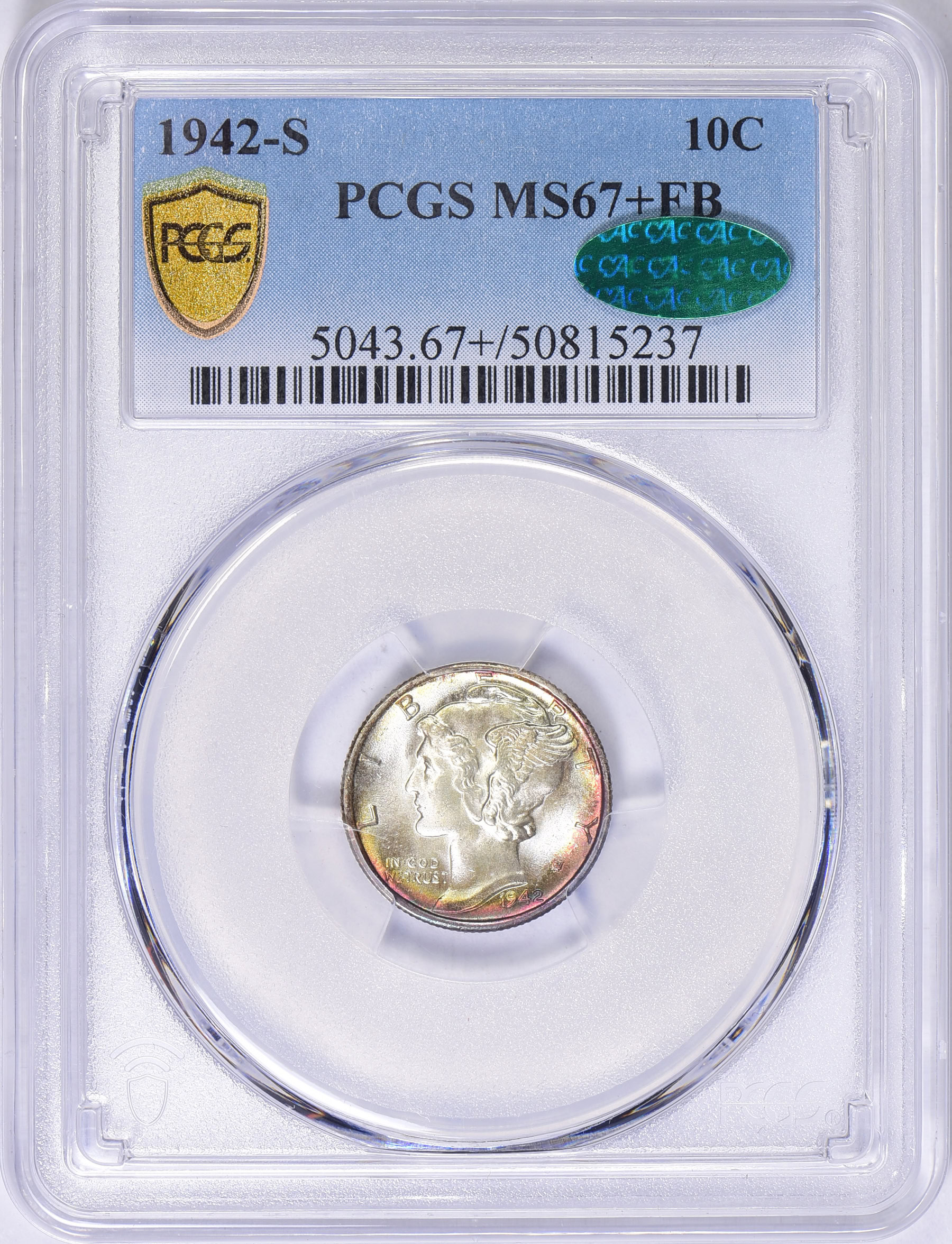 1942-S Mercury Dime PCGS MS-67+ FB (CAC Green) (Toned) (Item 1683762) | GreatCollections Coin ...