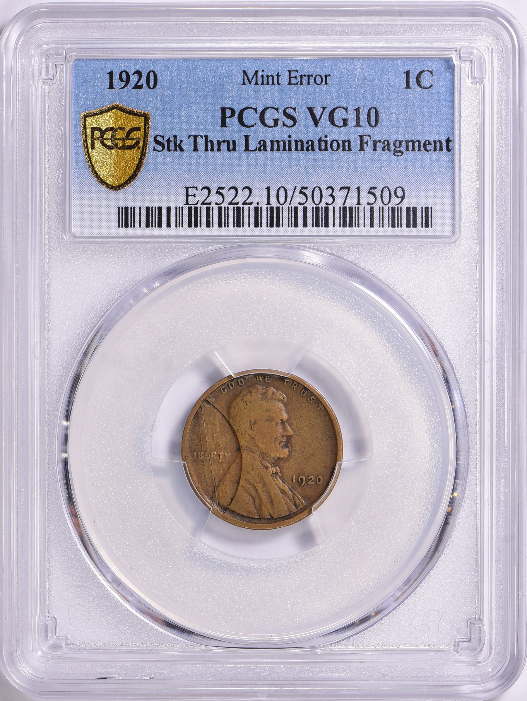 Mint Error 1920 Lincoln Cent Struck Thru Lamination Fragment PCGS VG-10 ...