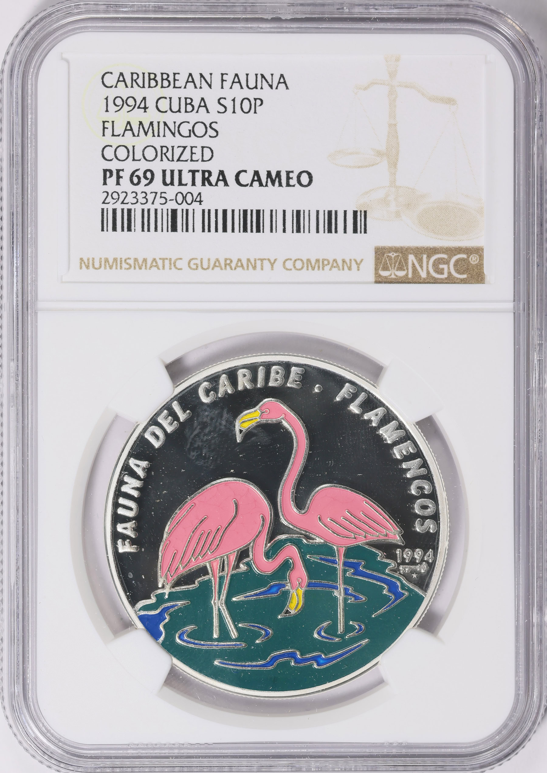 Cuba 1994 Colorized Silver 10 Pesos Caribbean Fauna Flamingos KM-442.1 ...