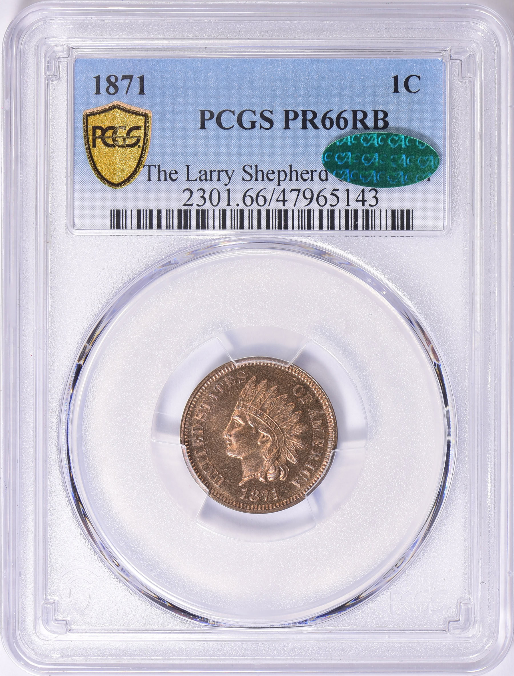 1871 Indian Cent PCGS Proof-66 RB (CAC Green) (Toned) (The Larry ...