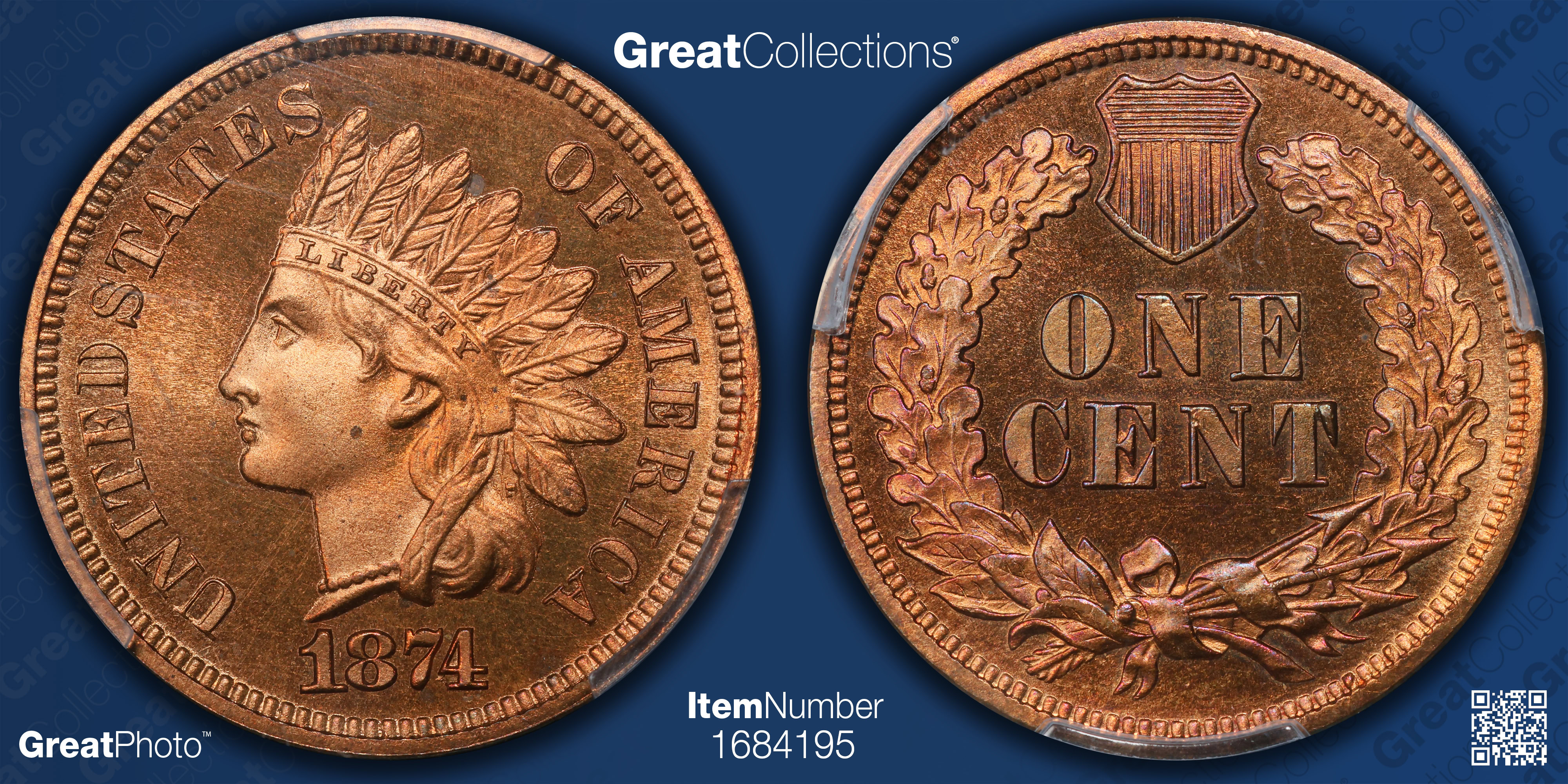 1874 Indian Cent PCGS Proof-66+ RB (CAC Green) (Toned) (The Larry ...