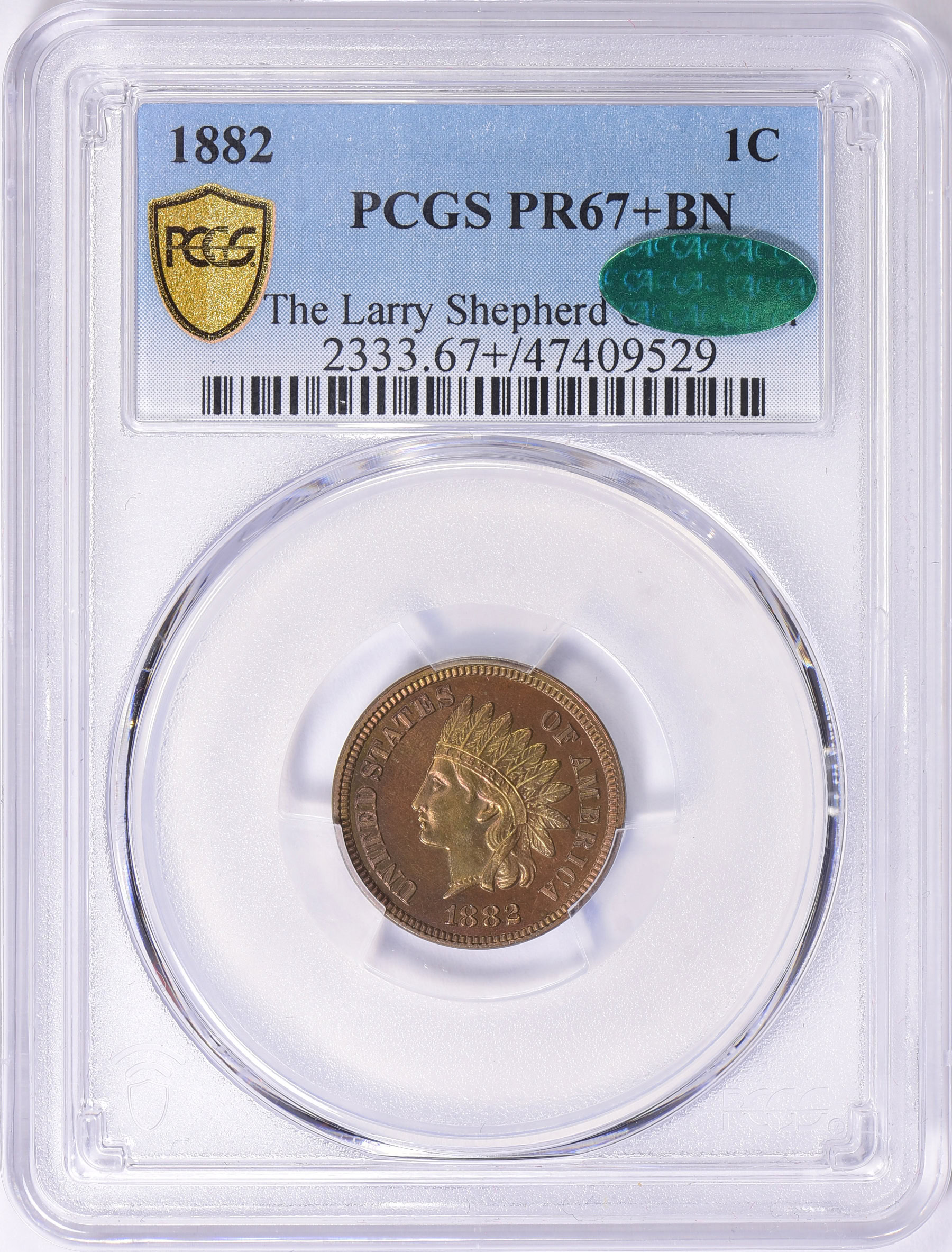 1882 Indian Cent PCGS Proof-67+ BN (CAC Green) (Toned) (The Larry ...