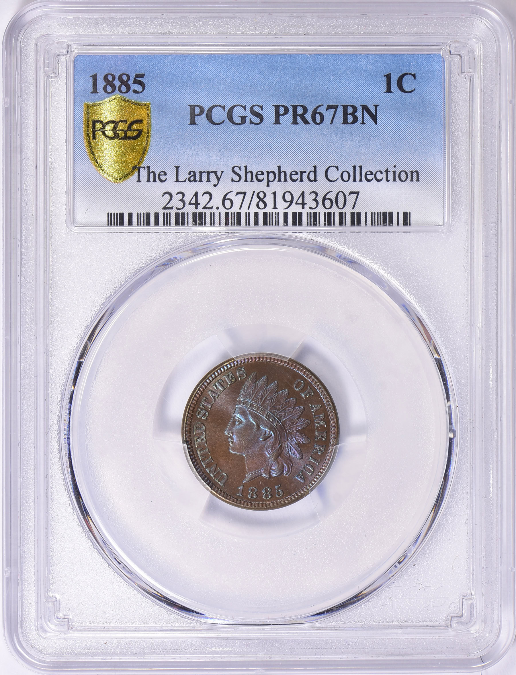 1885 Indian Cent PCGS Proof-67 BN (Toned) (The Larry Shepherd ...
