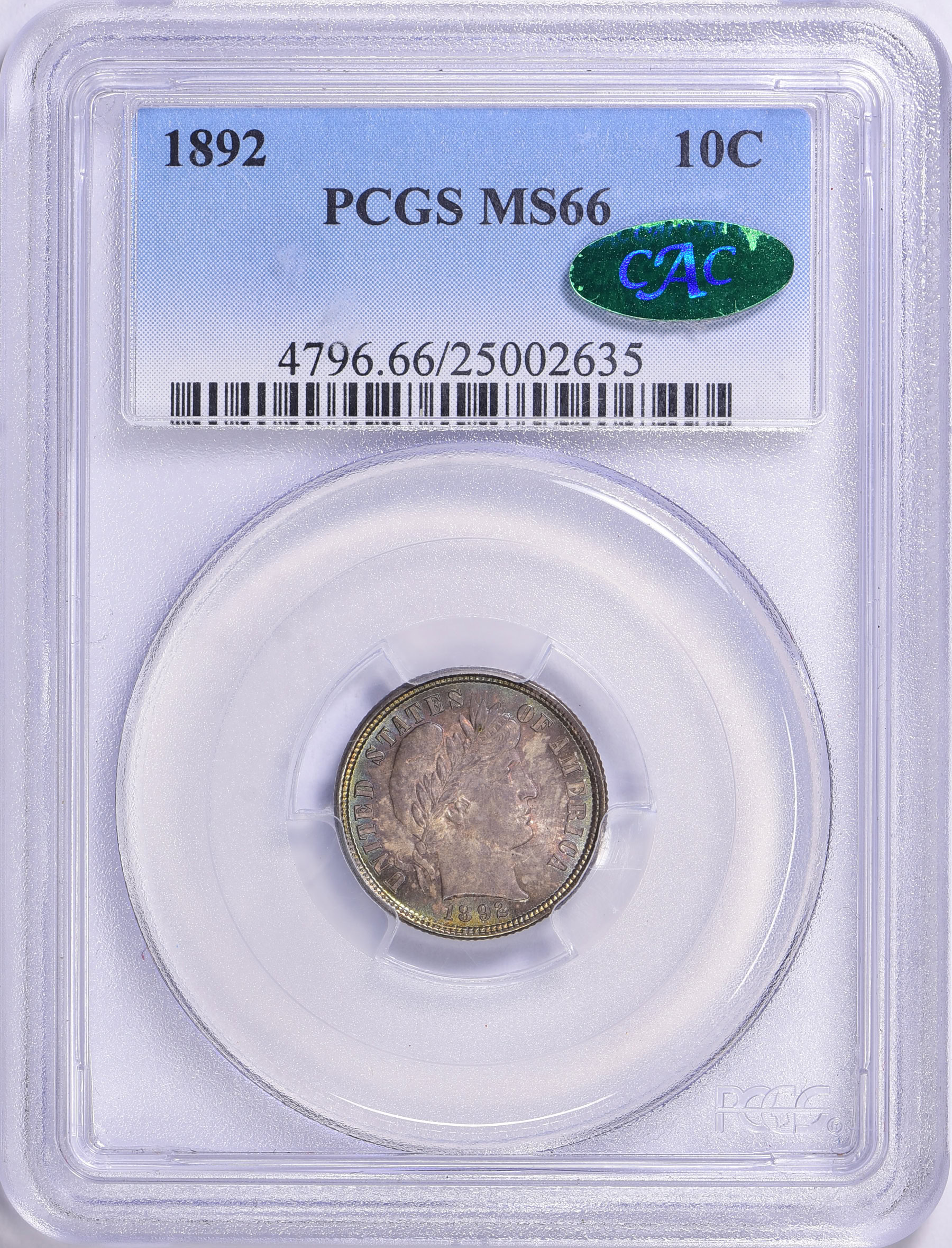 1892 Barber Dime PCGS MS-66 (CAC Green) (Toned) (Item 1684360) | GreatCollections Coin Auctions