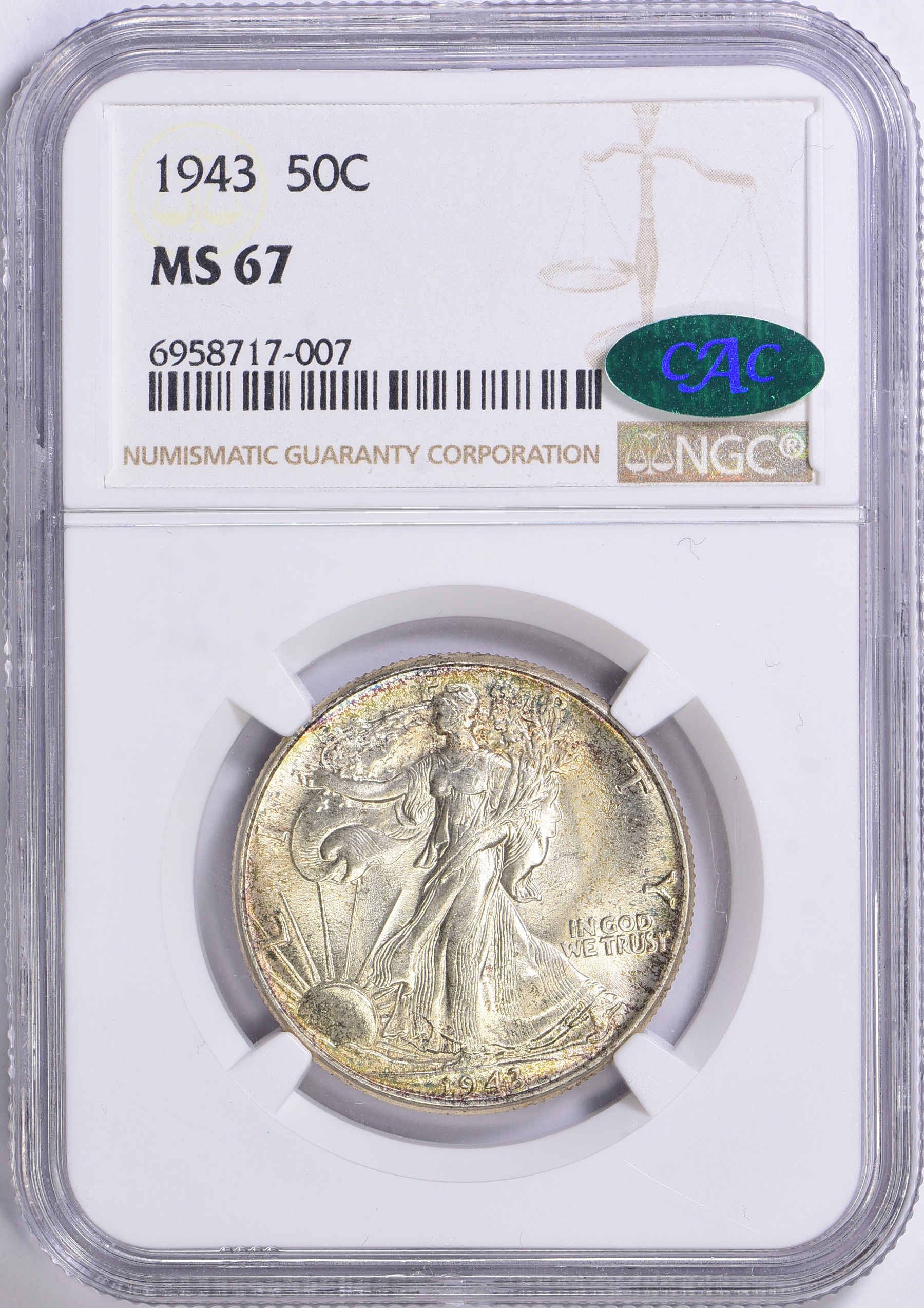 1943 Walking Liberty Half Dollar NGC MS-67 (CAC Green) (Item 1684388) | GreatCollections Coin ...