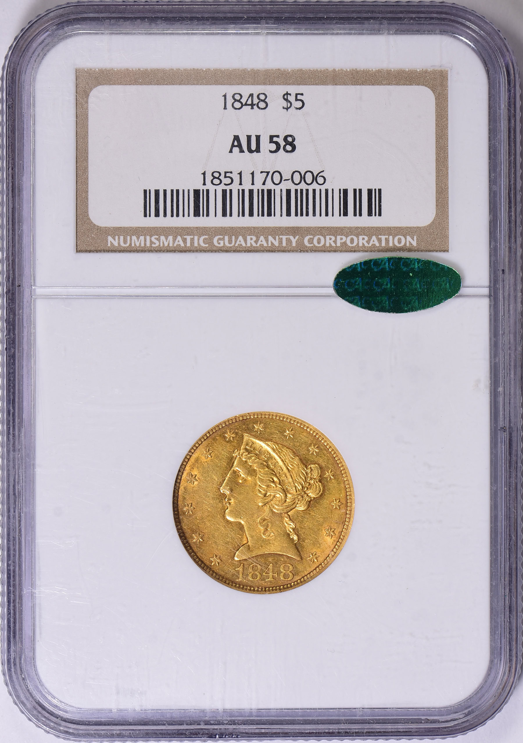 1848 Liberty Gold Half Eagle NGC AU-58 (CAC Green) (Item 1684496 ...