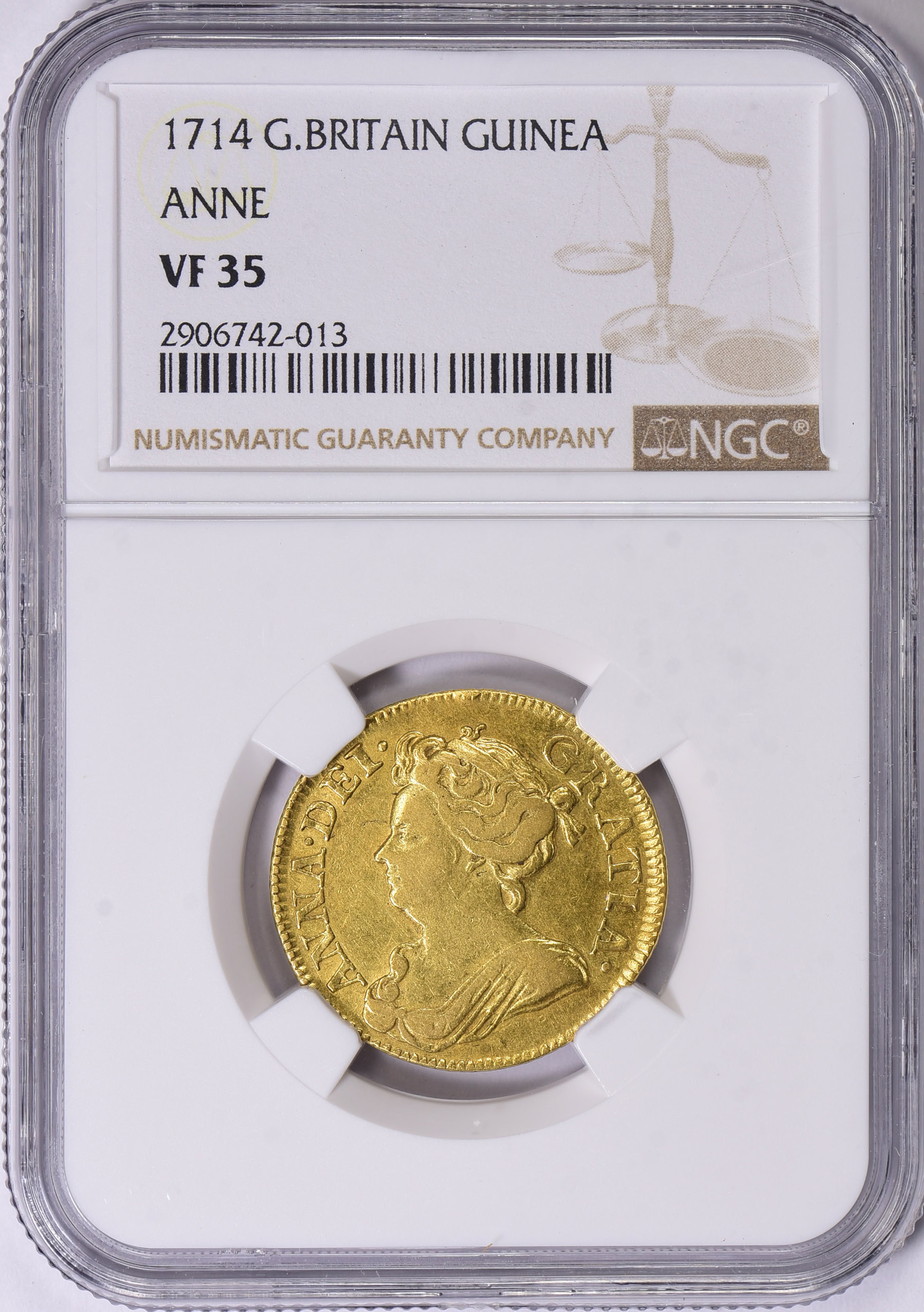 Great Britain 1714 Gold Guinea of Anne KM-534 NGC VF-35 (AGW = 0.2476 ...