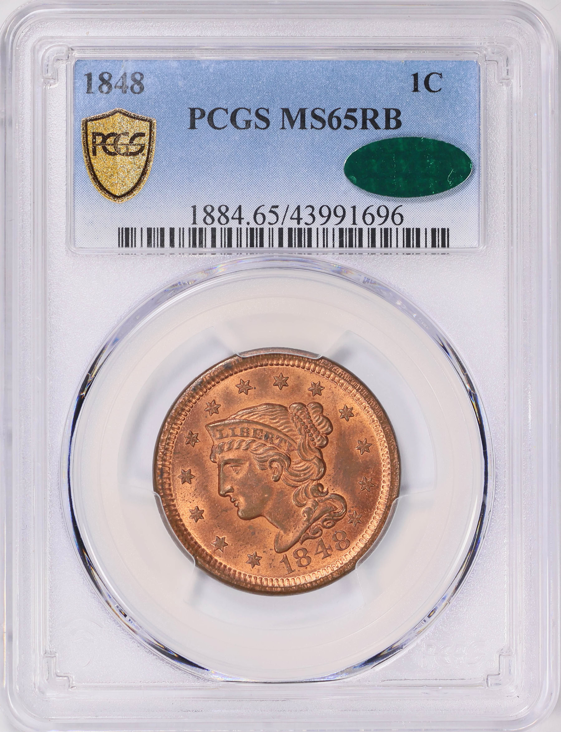 1848 Braided Hair Cent PCGS MS-65 RB (CAC Green) (Item 1684681) | GreatCollections Coin Auctions