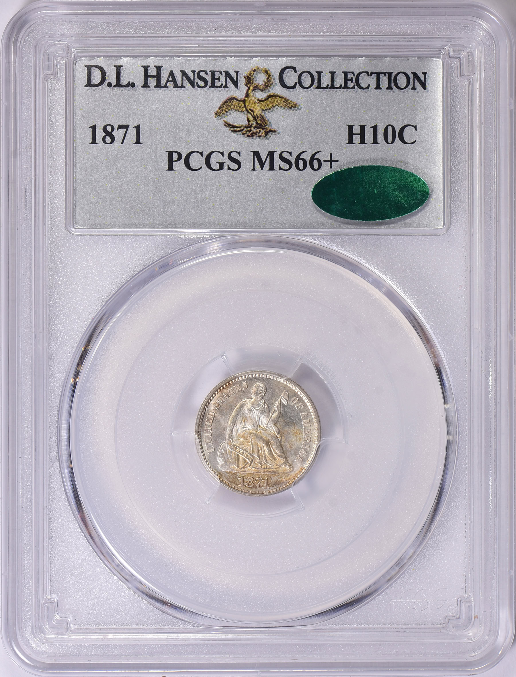1871 Seated Liberty Half Dime PCGS MS-66+ (CAC Green) (Toned) (D.L ...