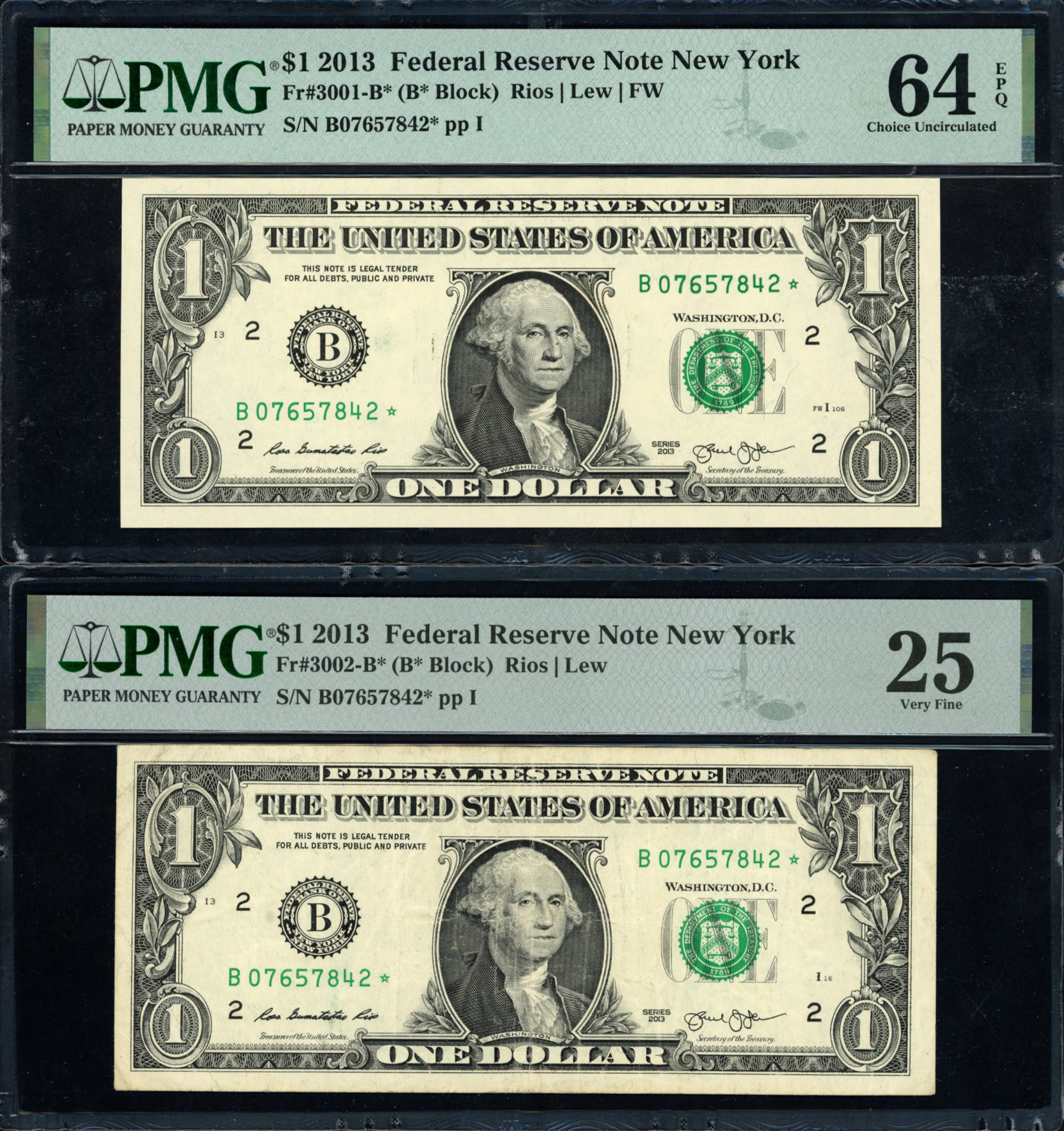 Fr. 3001-B★ & 3002-B★ 2013 $1 New York Federal Reserve Error Star Note Pair With Duplicate ...