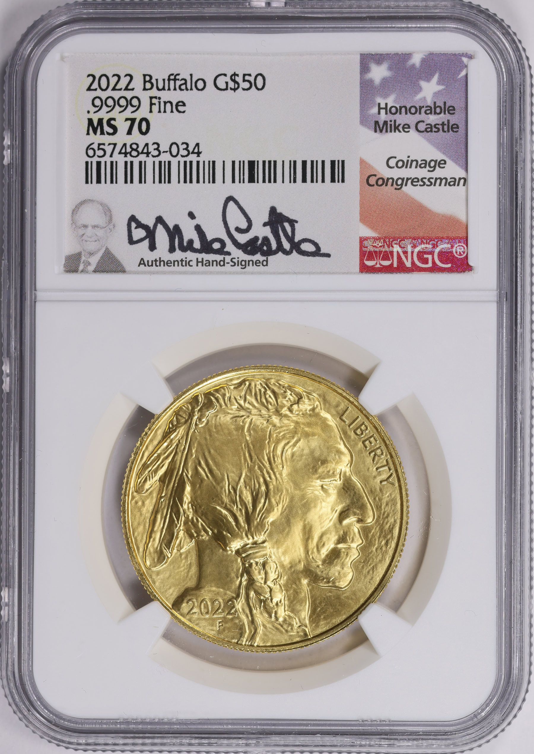 2022 $50 One-Ounce Gold American Buffalo NGC MS-70 (Mike Castle Signed Label) (Item 1685316 ...
