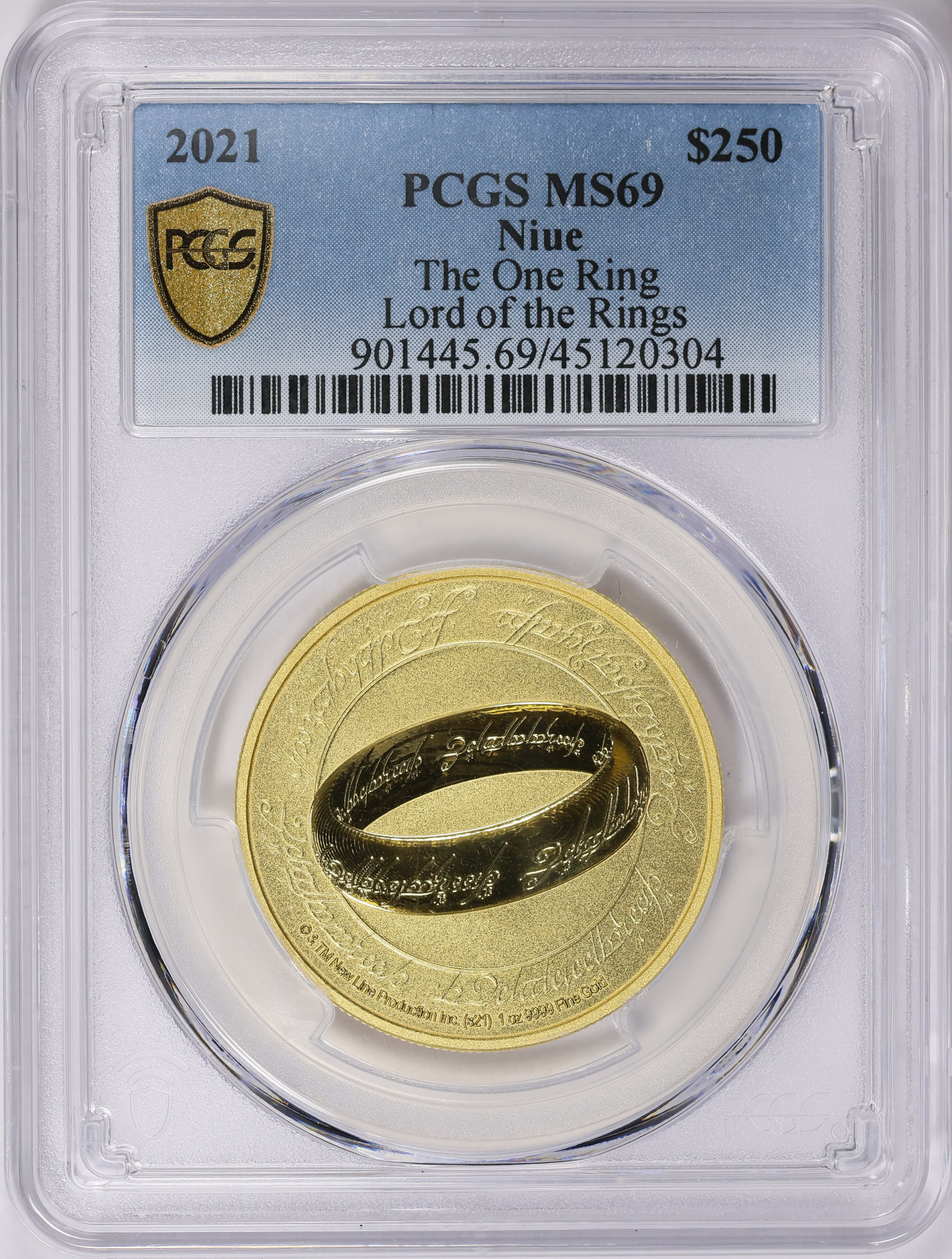 Niue 2021 Gold $250 The One Ring Lord of the Rings PCGS MS-69 (AGW = 0. ...