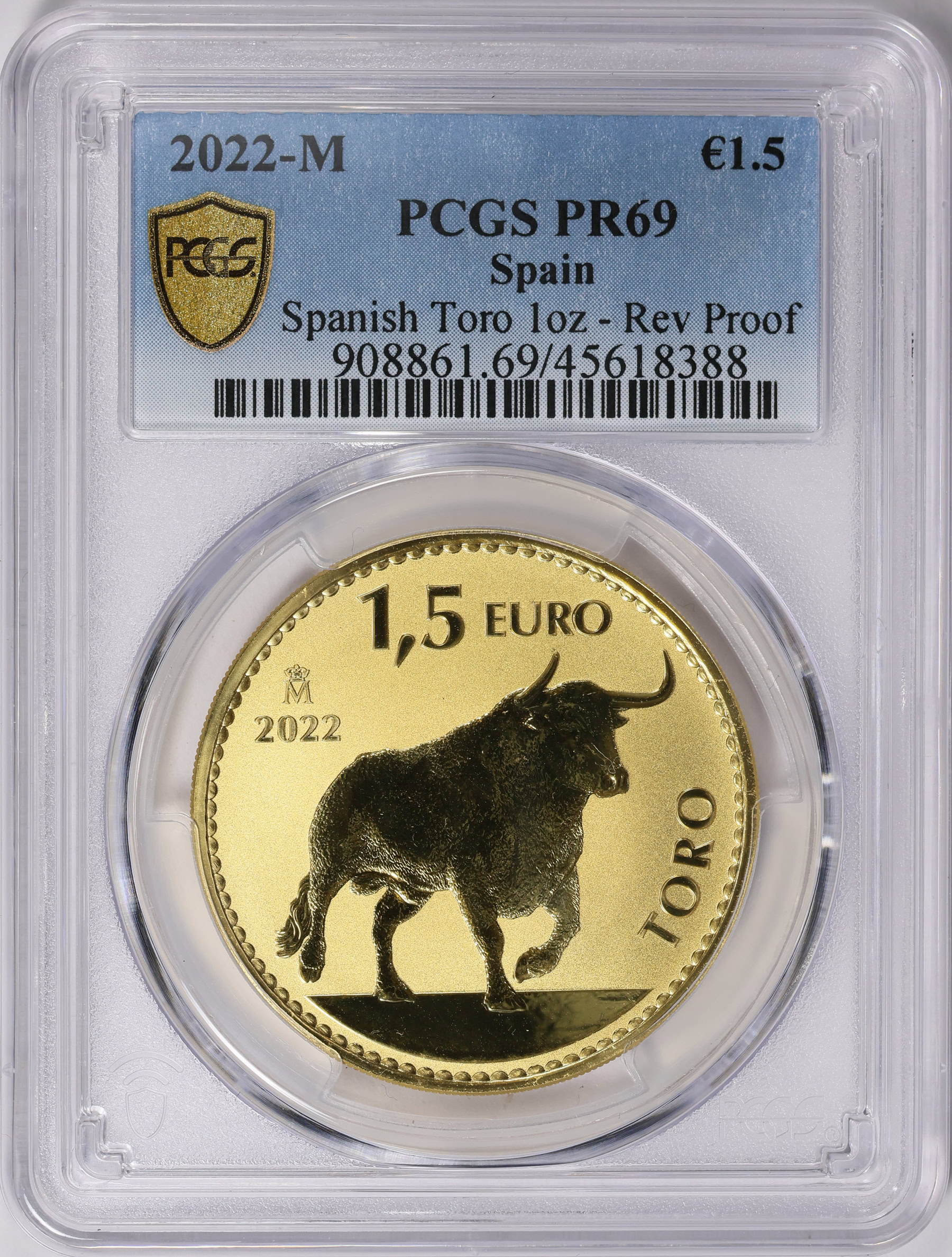 Spain 2022-M Gold €1.5 Spanish Toro Reverse Proof PCGS Proof-69 (AGW = 0.999 Oz.) (Item 1685337 ...