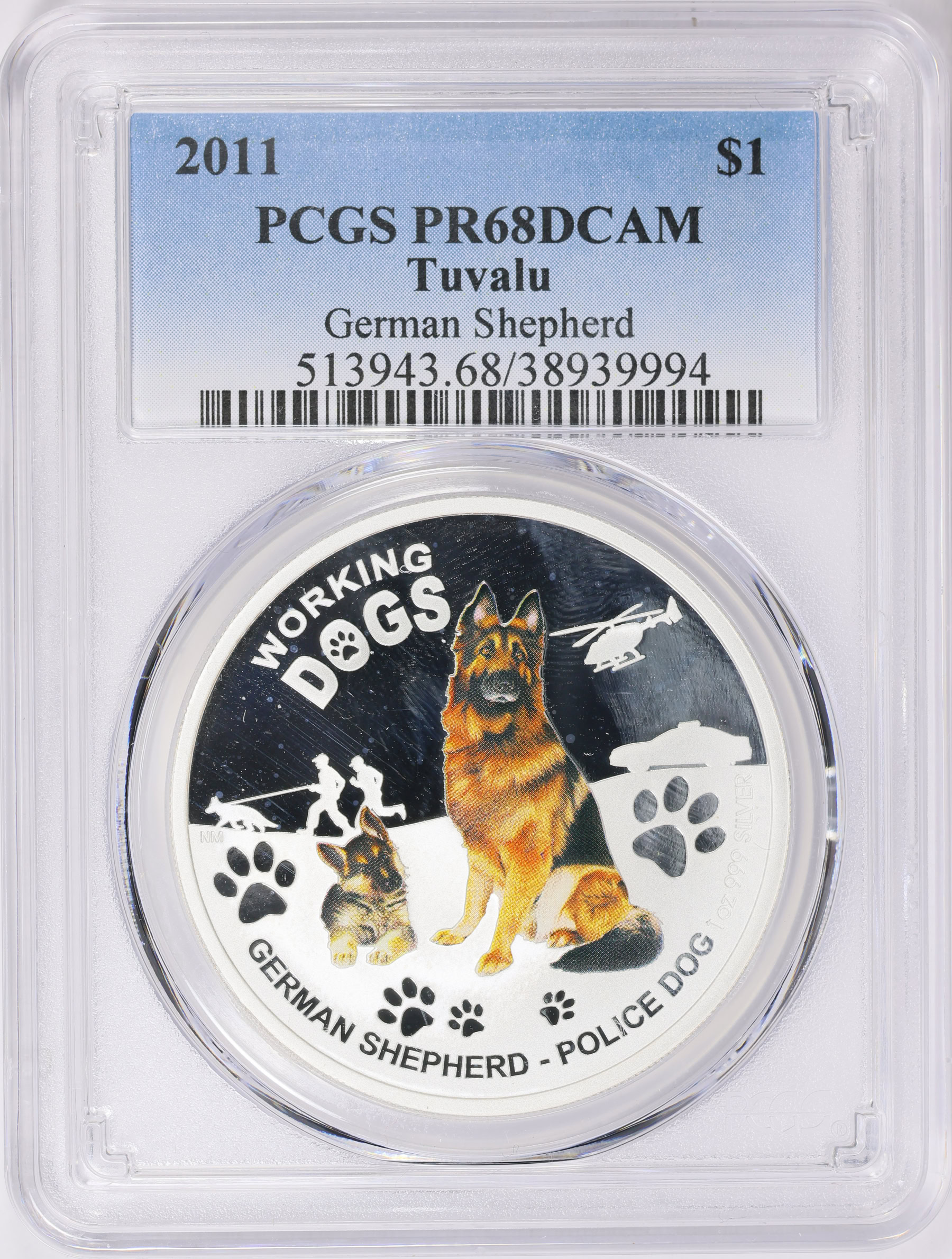 Tuvalu 2011 Colorized Silver Dollar German Shepherd KM-197 PCGS Proof ...