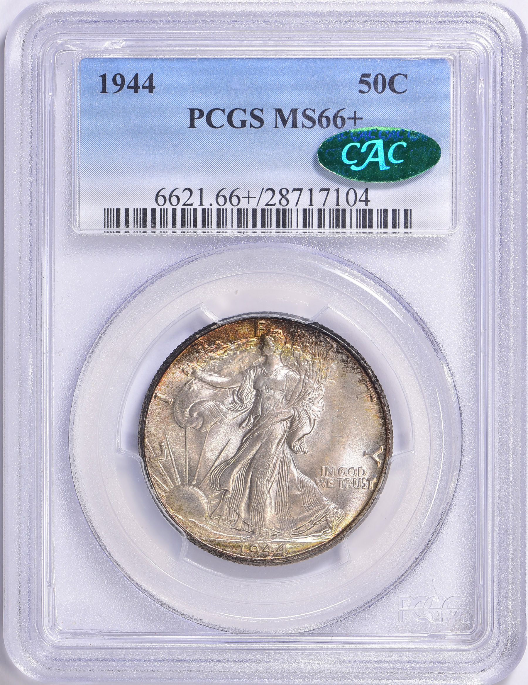 1944 Walking Liberty Half Dollar PCGS MS-66+ (CAC Green) (Toned) (Item 1685576 ...