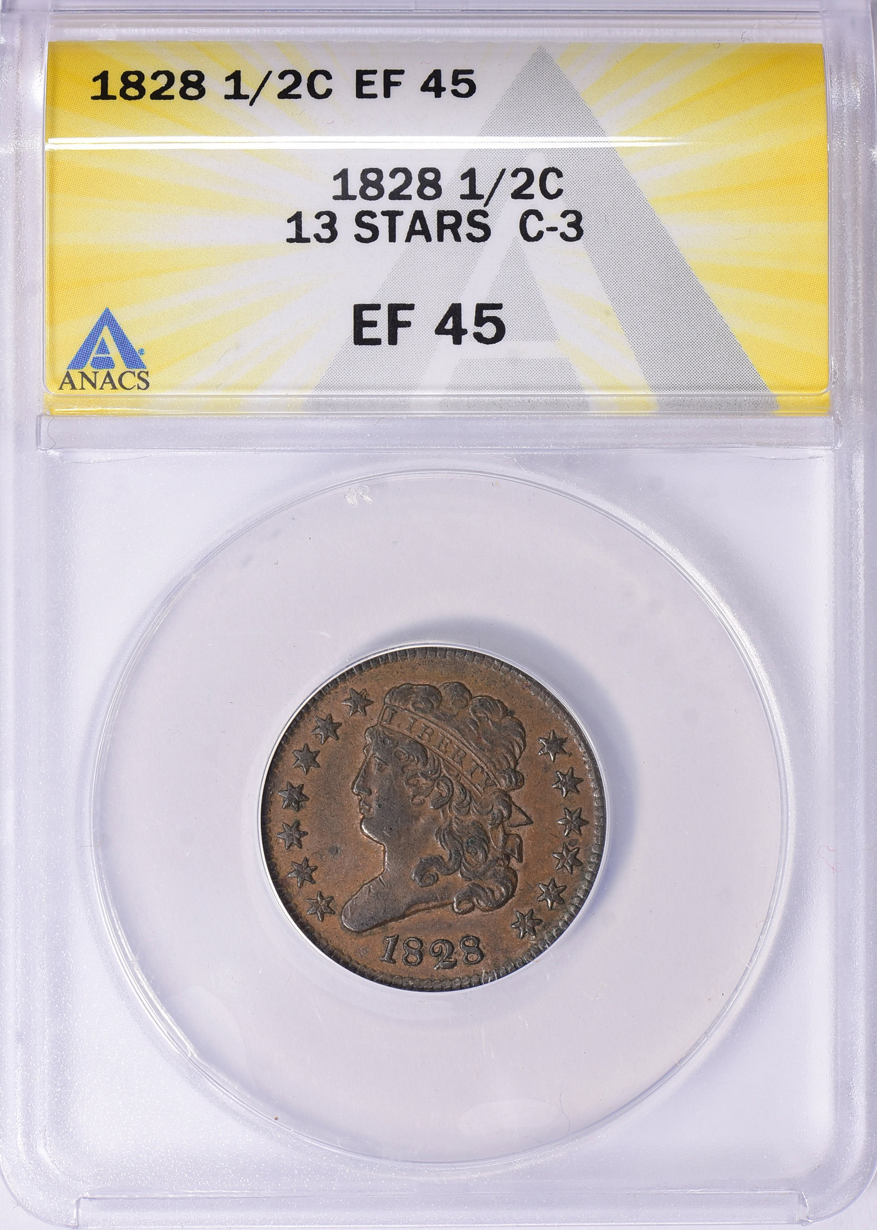 1828 Classic Half Cent 13 Stars Cohen 3 ANACS EF-45 BN (Item 1685621) | GreatCollections Coin ...