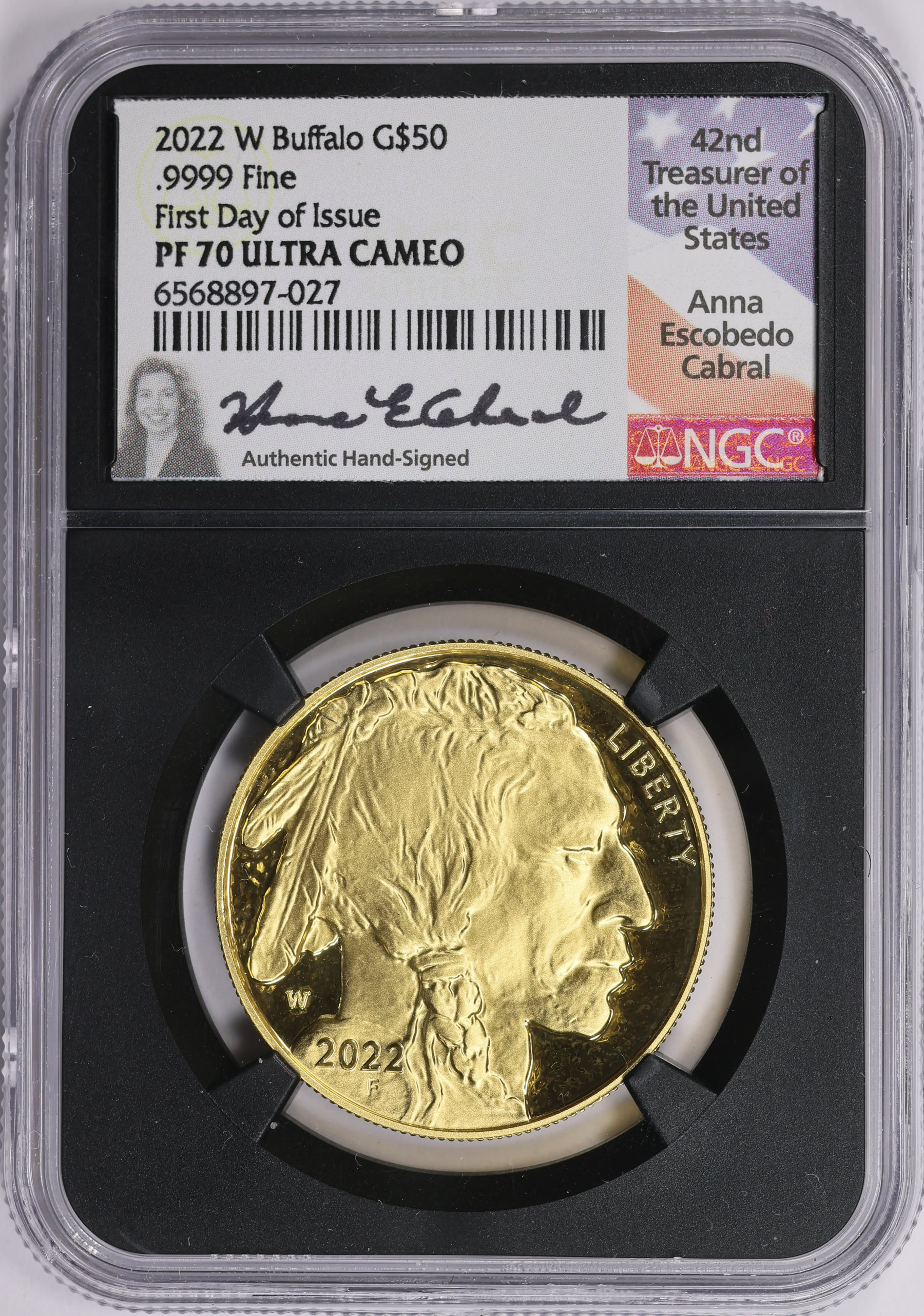 2022-W $50 One-Ounce Gold American Buffalo First Day of Issue NGC Proof-70 UC (Anna Escobedo ...