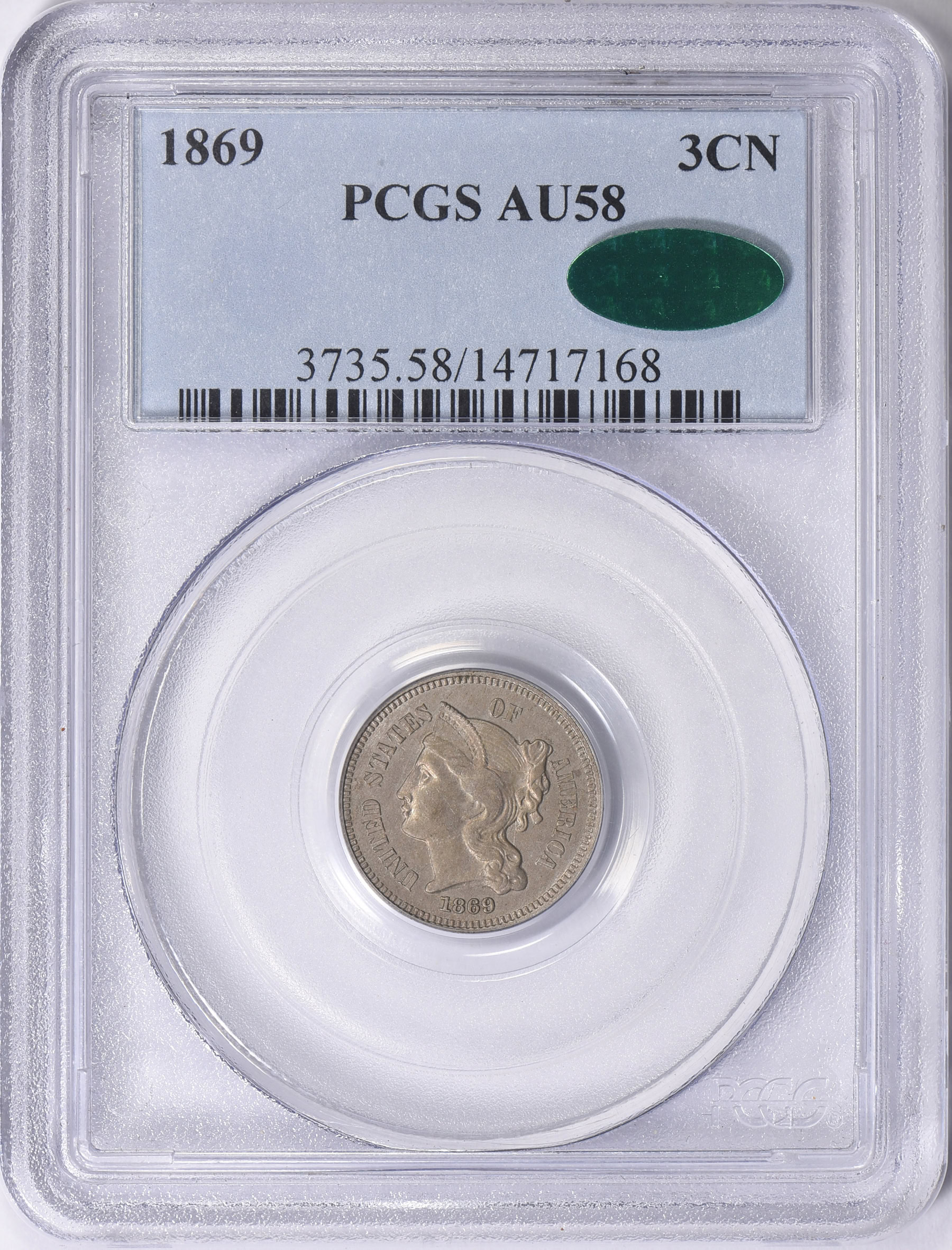 1869 Nickel Three-Cent Piece PCGS AU-58 (CAC Green) (Item 1685757 ...