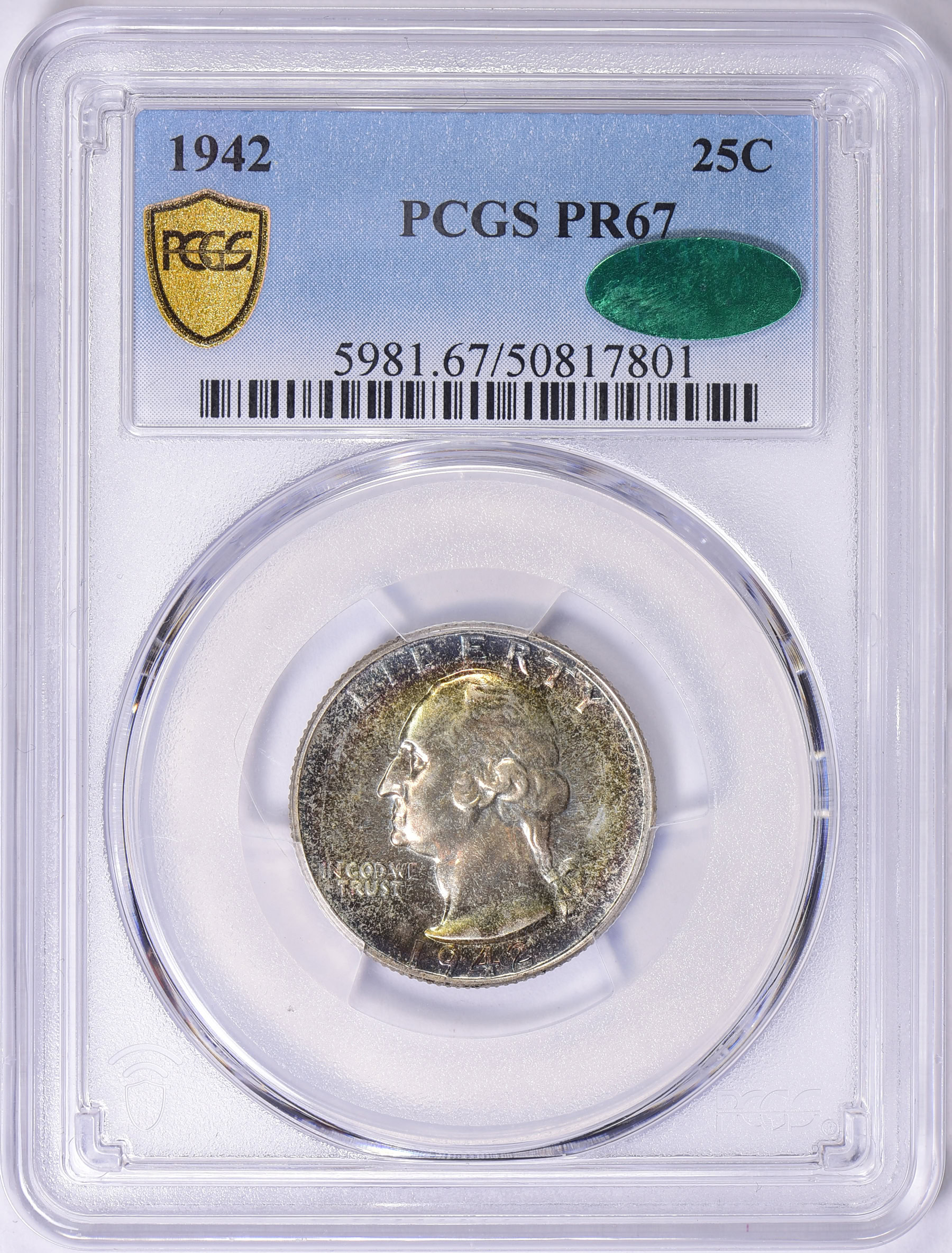 1942 Washington Quarter PCGS Proof-67 (CAC Green) (Toned) (Item 1685784) | GreatCollections Coin ...