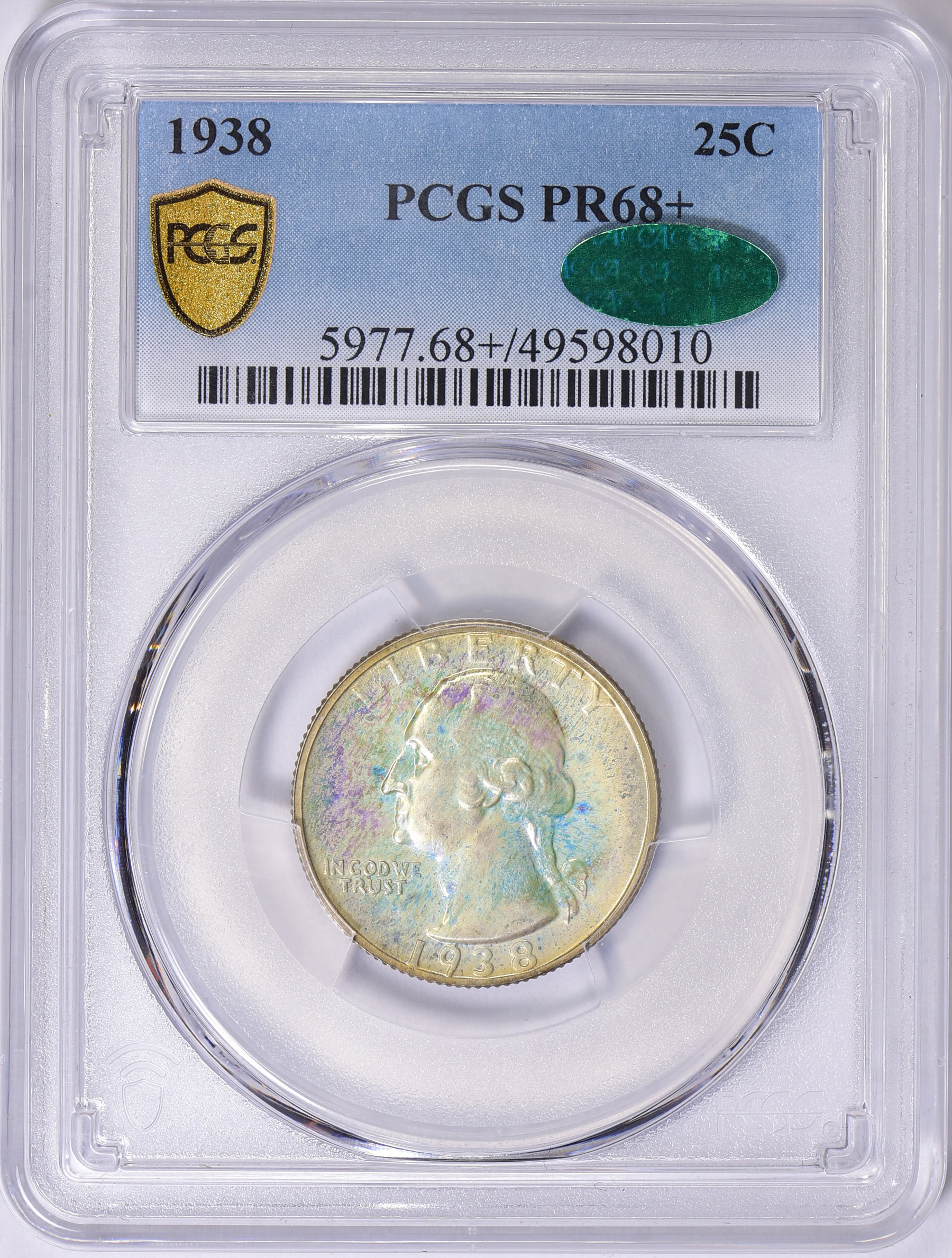 1938 Washington Quarter PCGS Proof-68+ (CAC Green) (Toned) (Item 1685828) | GreatCollections ...
