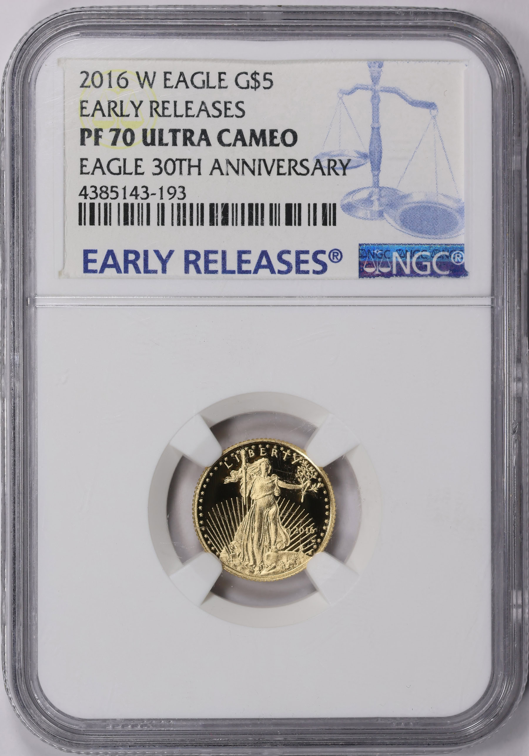 2016-W $5 Tenth-Ounce Gold American Eagle Early Releases 30th Anniversary NGC Proof-70 UC (Item ...