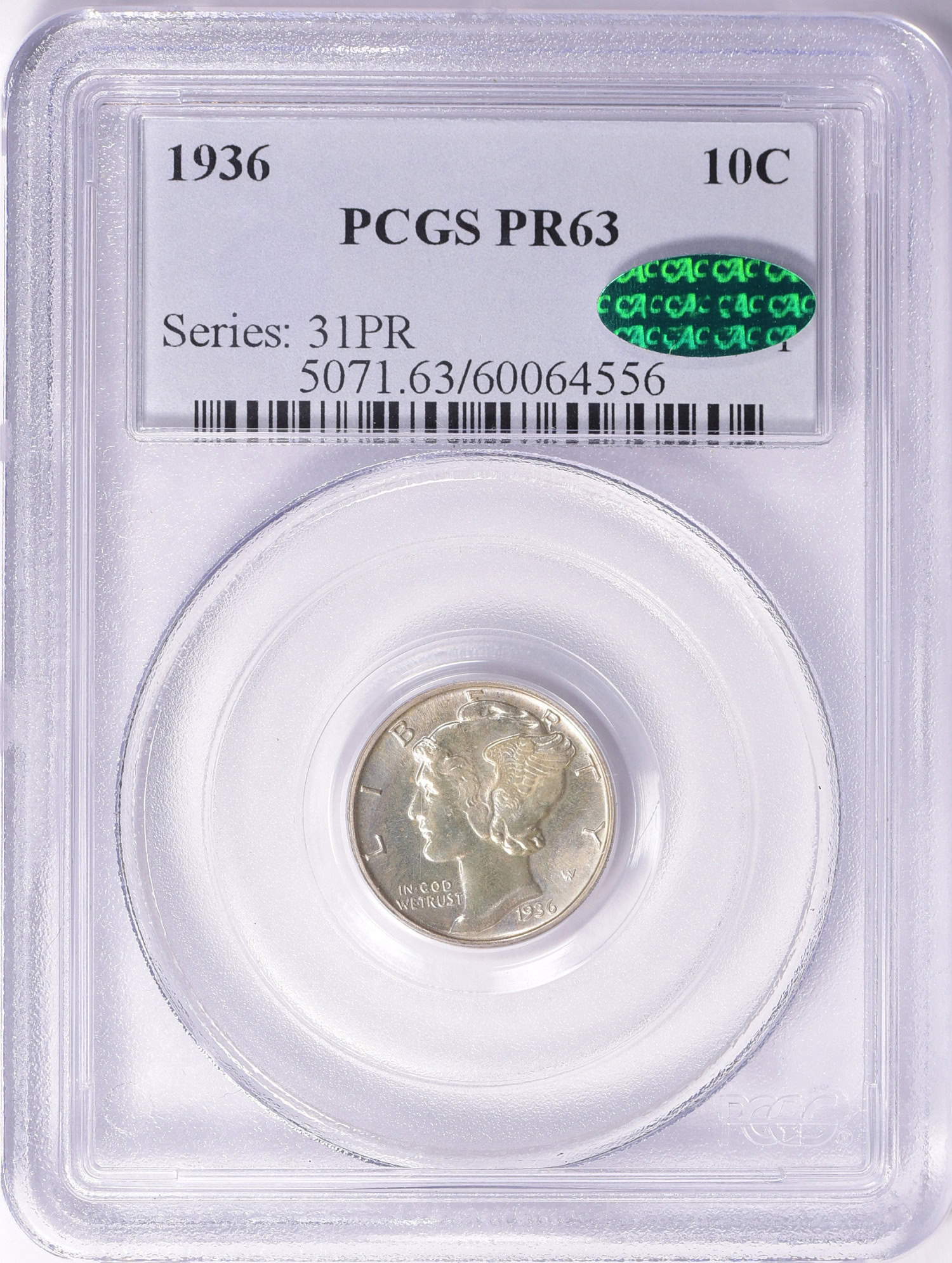 1936 Mercury Dime PCGS Proof-63 (CAC Green) (Item 1686248) | GreatCollections Coin Auctions
