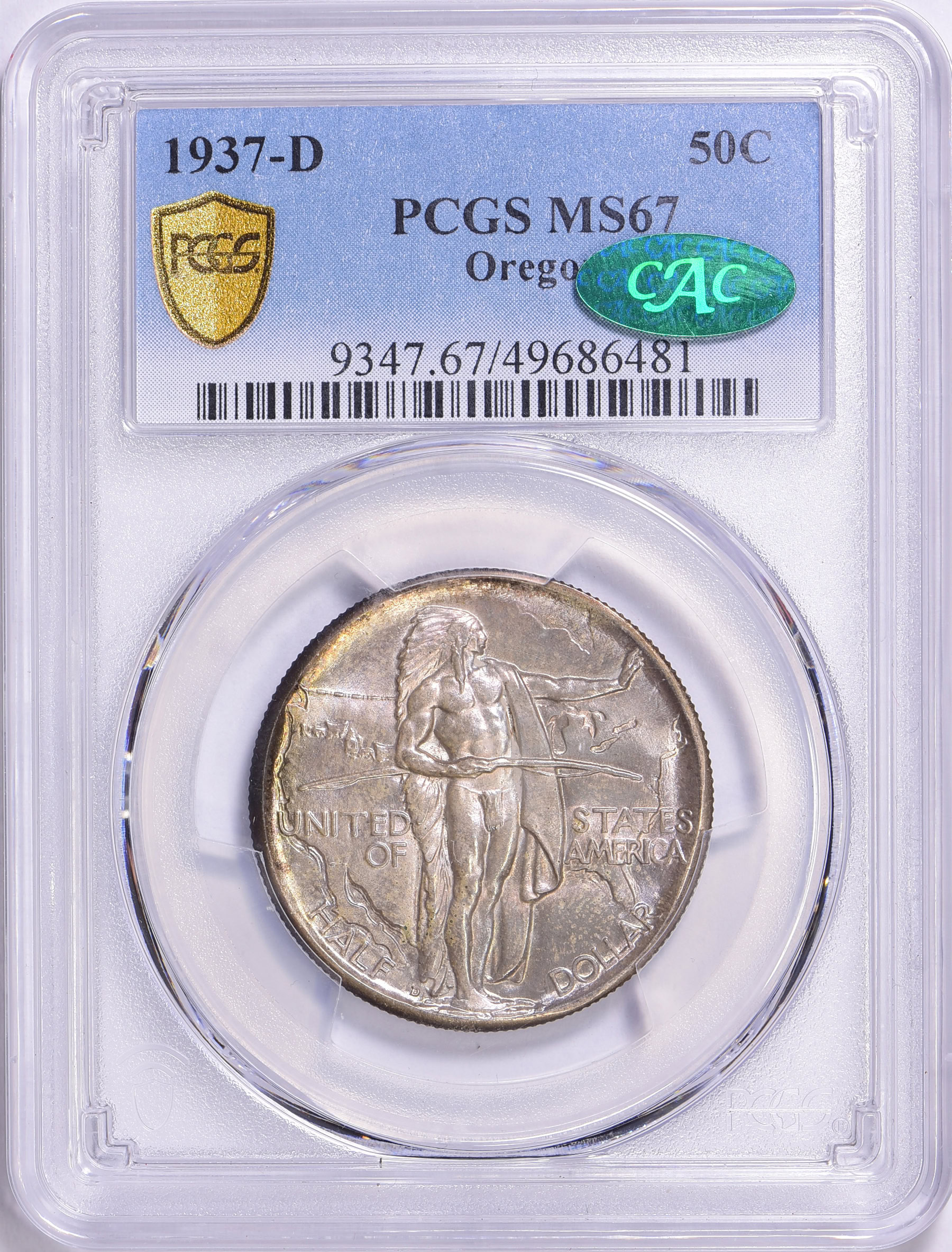 1937-D Oregon Trail Memorial Half Dollar PCGS MS-67 (CAC Green) (Toned) (Item 1686323 ...