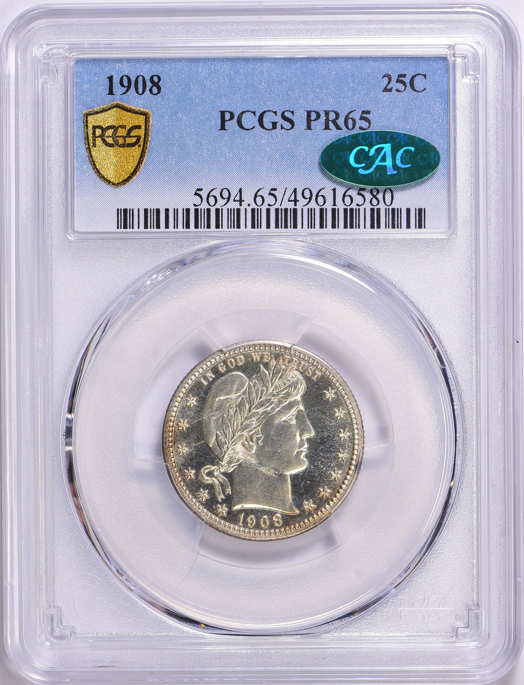 1908 Barber Quarter PCGS Proof-65 (CAC Green) (Item 1686510 ...