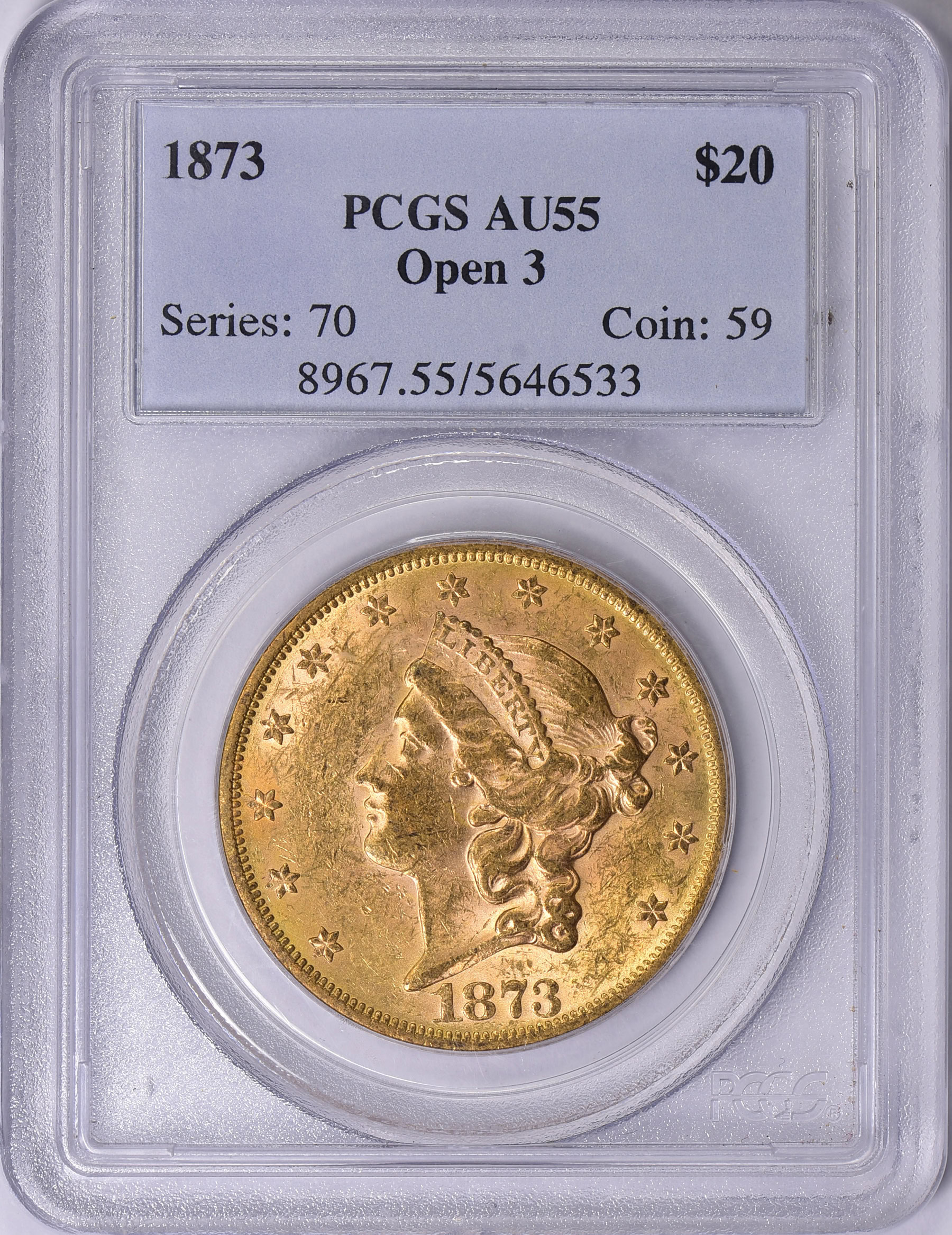1873 Liberty Gold Double Eagle Open 3 PCGS AU-55 (Item 1686558) | GreatCollections Coin Auctions