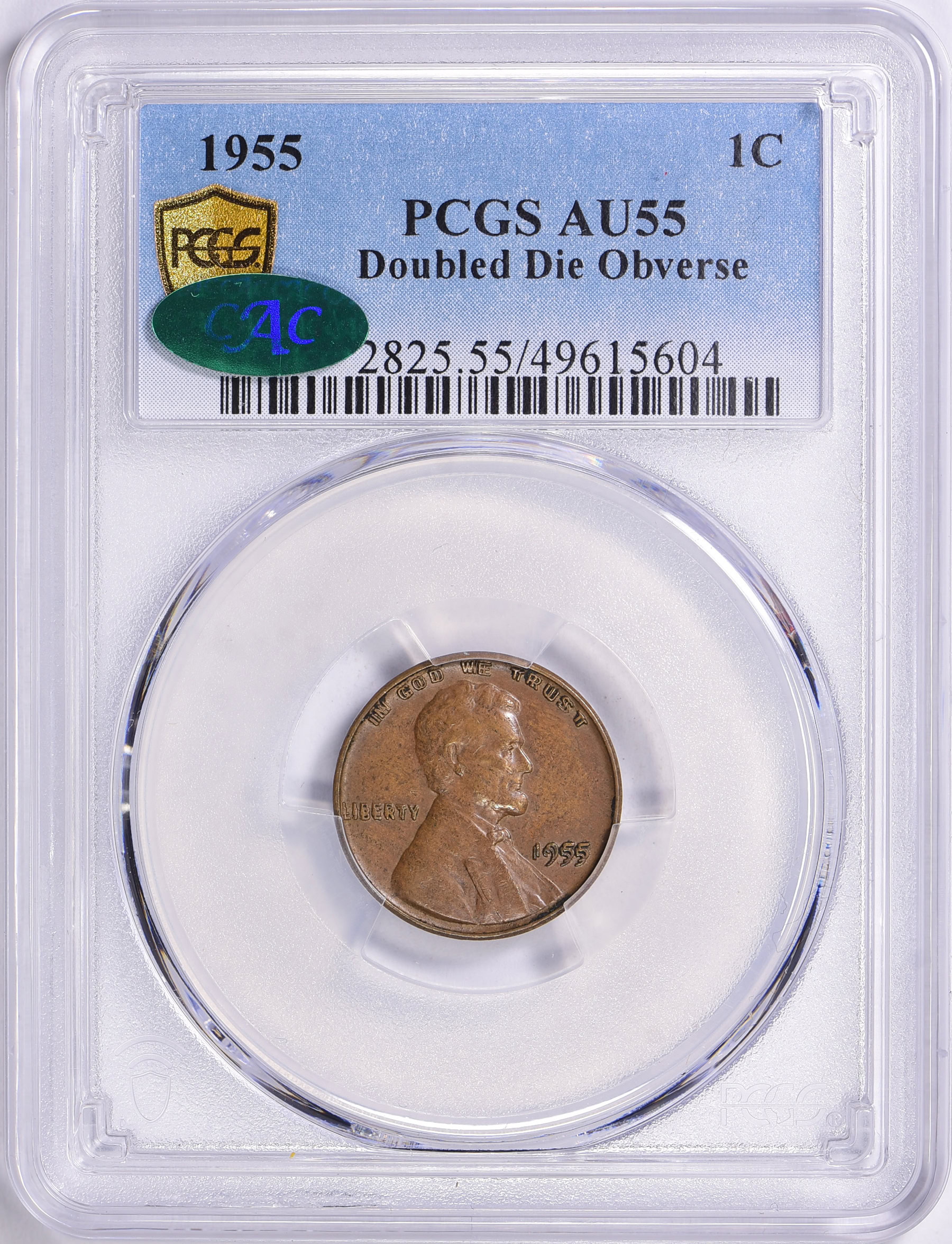 1955 Lincoln Cent Doubled Die Obverse PCGS AU-55 BN (CAC Green) (Item 1686594 ...