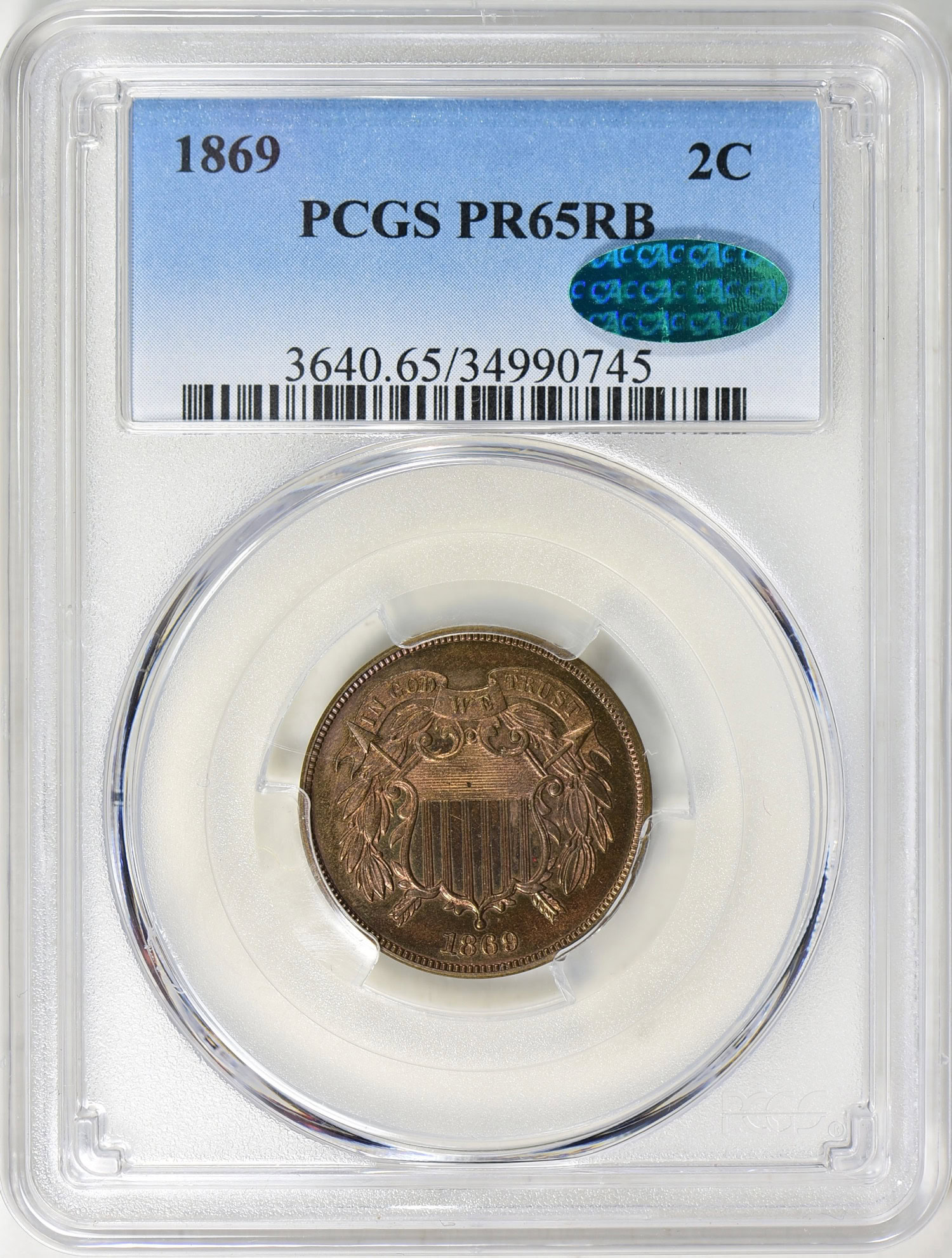 1869 Two-Cent Piece PCGS Proof-65 RB (CAC Green) (Item 1686611) | GreatCollections Coin Auctions