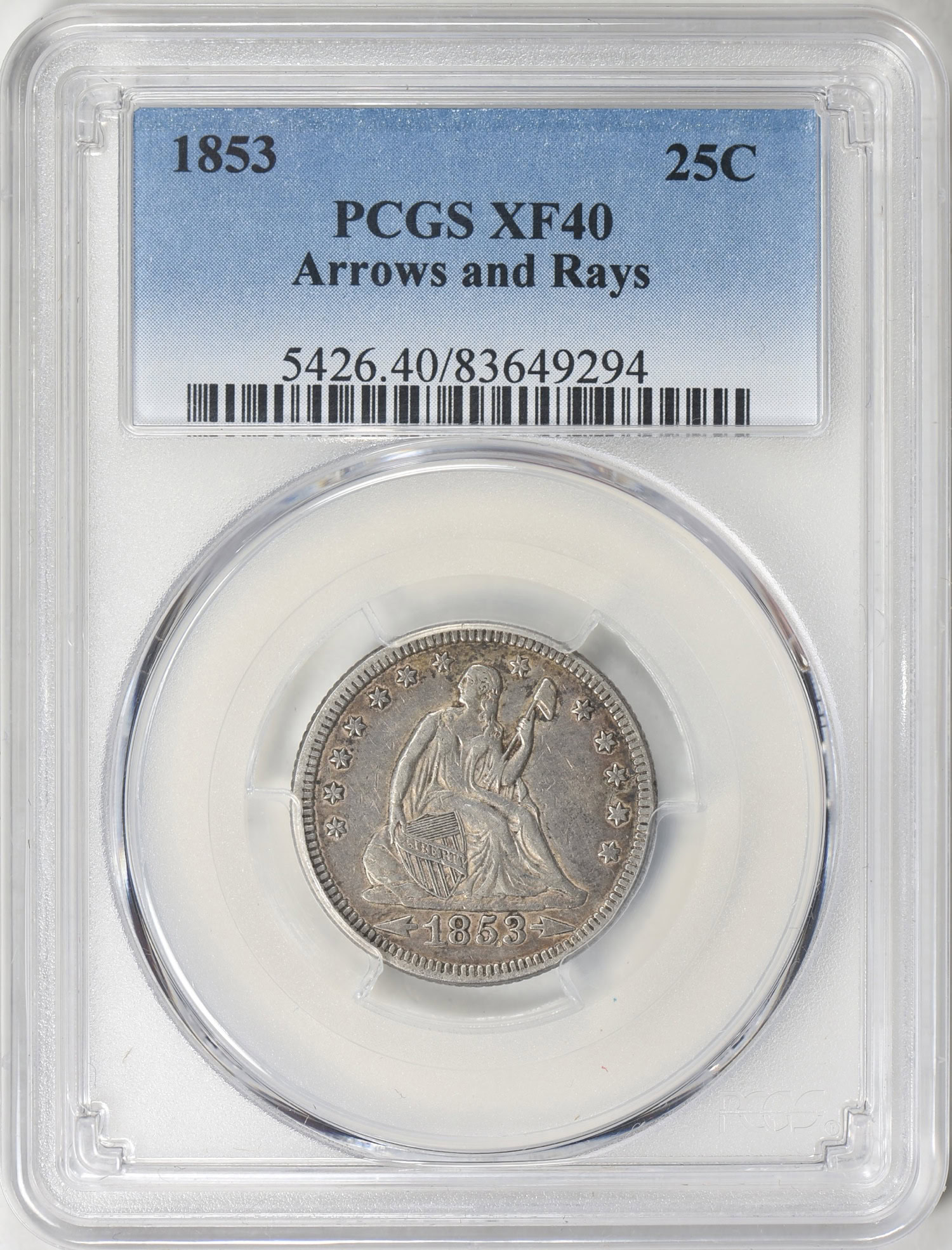 1853 Seated Liberty Quarter Arrows and Rays PCGS XF-40 (Item 1686674) | GreatCollections Coin ...