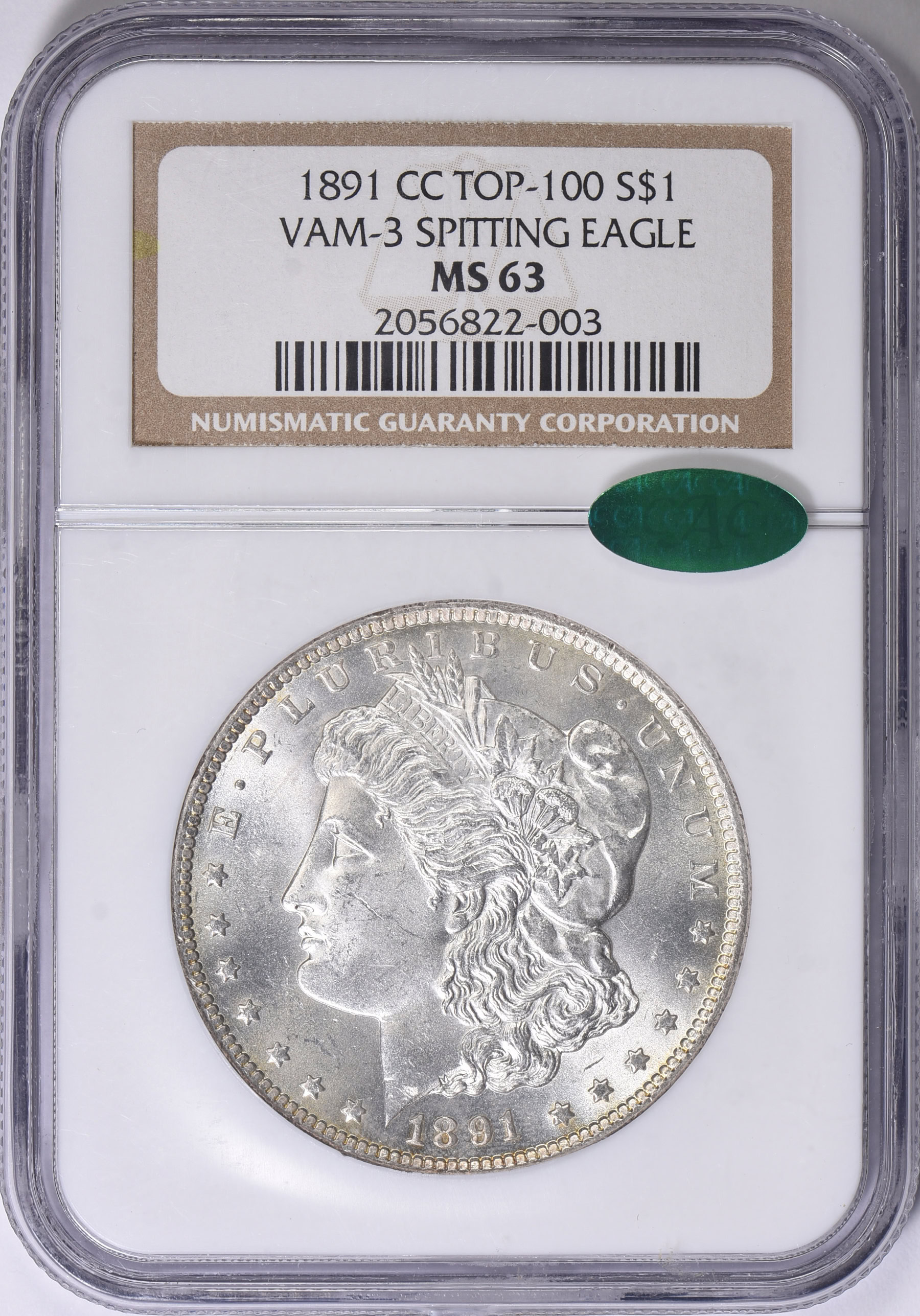 1891-CC Morgan Silver Dollar Spitting Eagle VAM-3 Top 100 NGC MS-63 (Item 1686742 ...