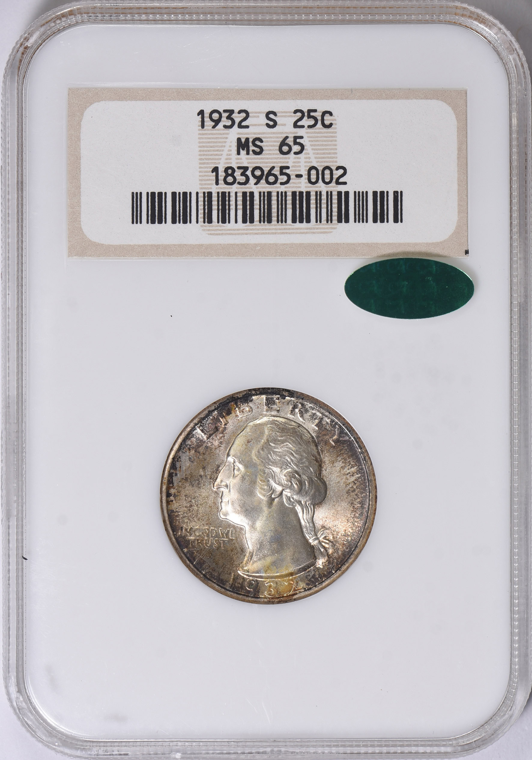 1932-S Washington Quarter NGC MS-65 (CAC Green) OH (Toned) (Item 1686753) | GreatCollections ...