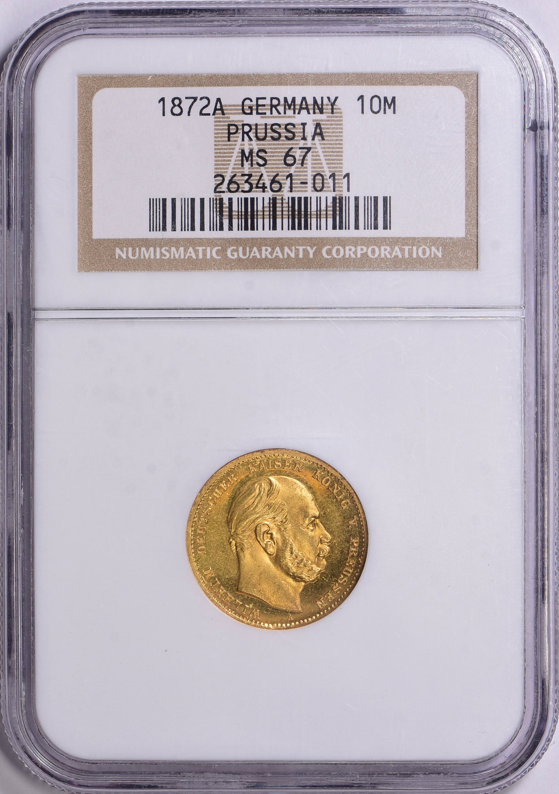 Germany - Prussia 1872-A Gold 10 Marks KM-502 NGC MS-67 (AGW = 0.1152 ...