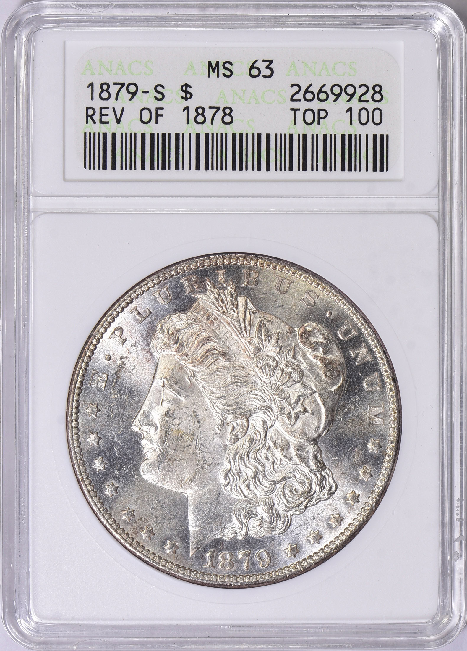 1879-S Morgan Silver Dollar Reverse of 1878 Top 100 ANACS MS-63 OH (Item 1687271 ...
