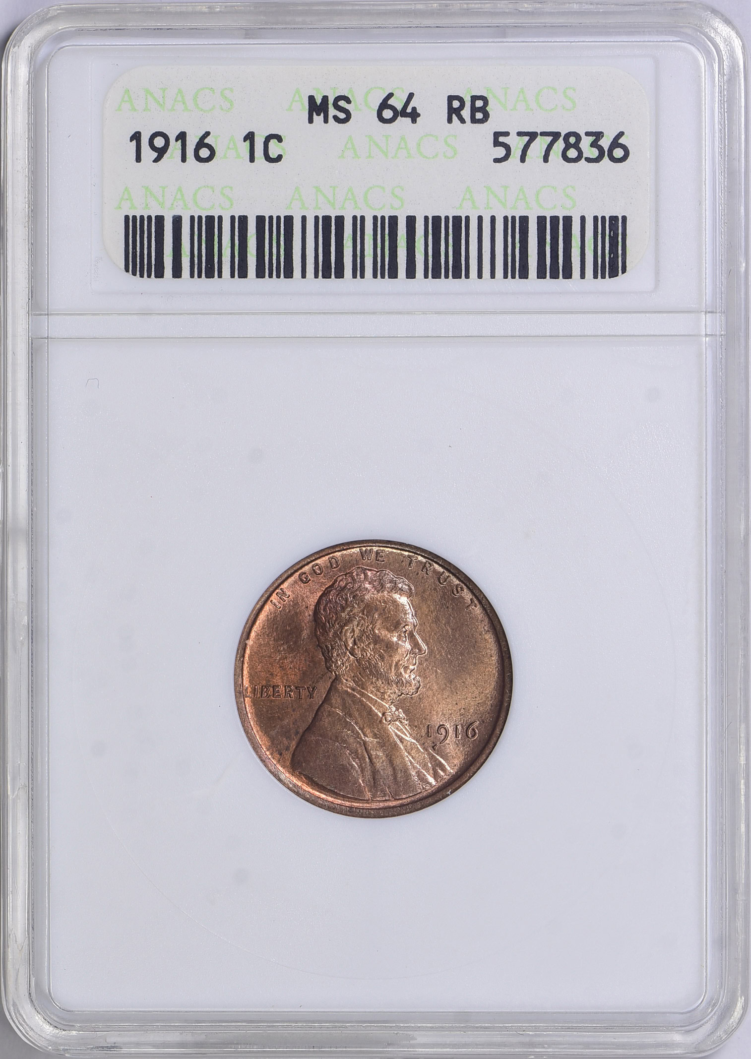 1916 Lincoln Cent ANACS MS-64 RB OH (Item 1688002) | GreatCollections Coin Auctions