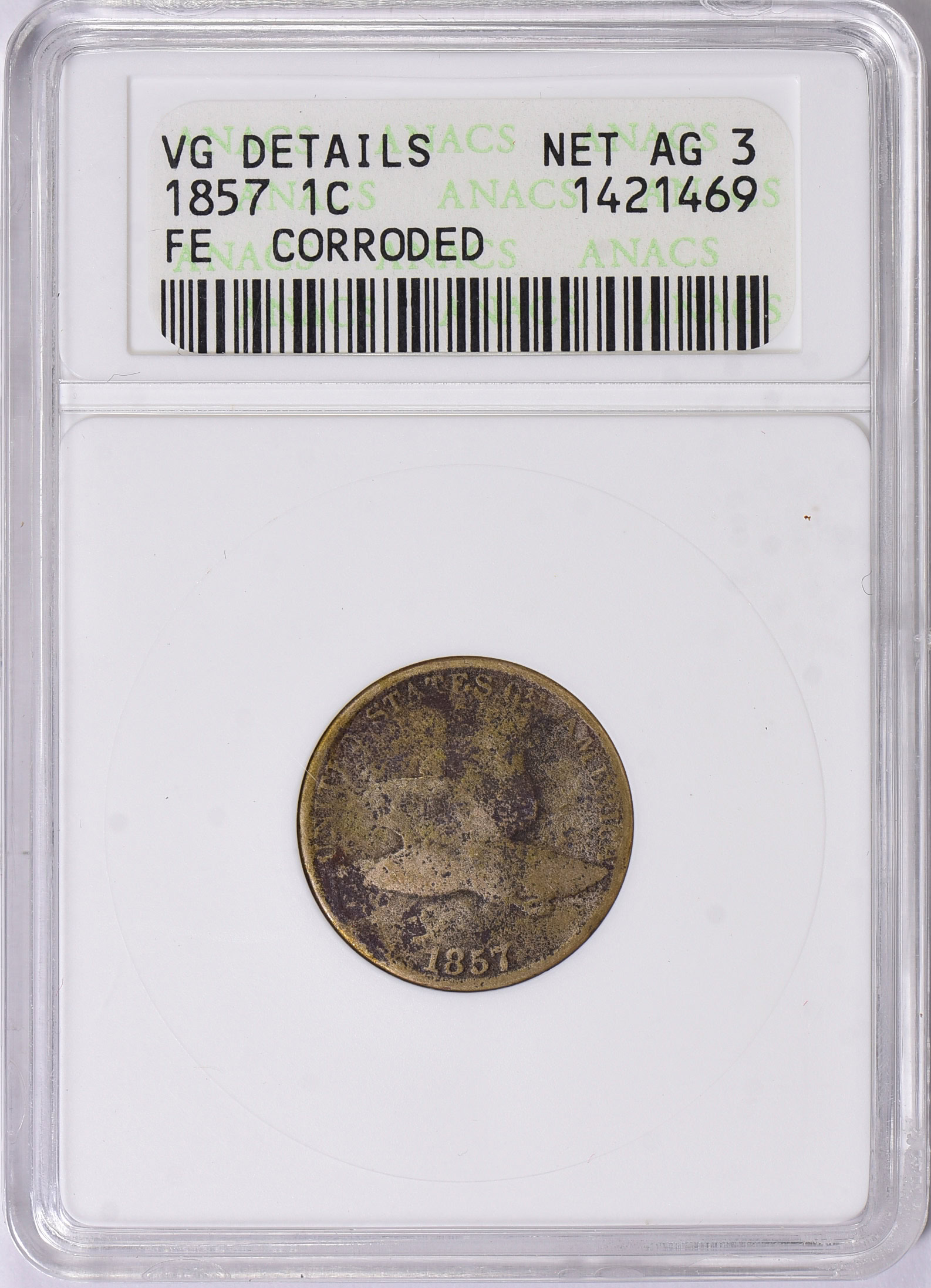 1857 Flying Eagle Cent ANACS NET AG-03 VG Details OH (Item 1688156) | GreatCollections Coin Auctions