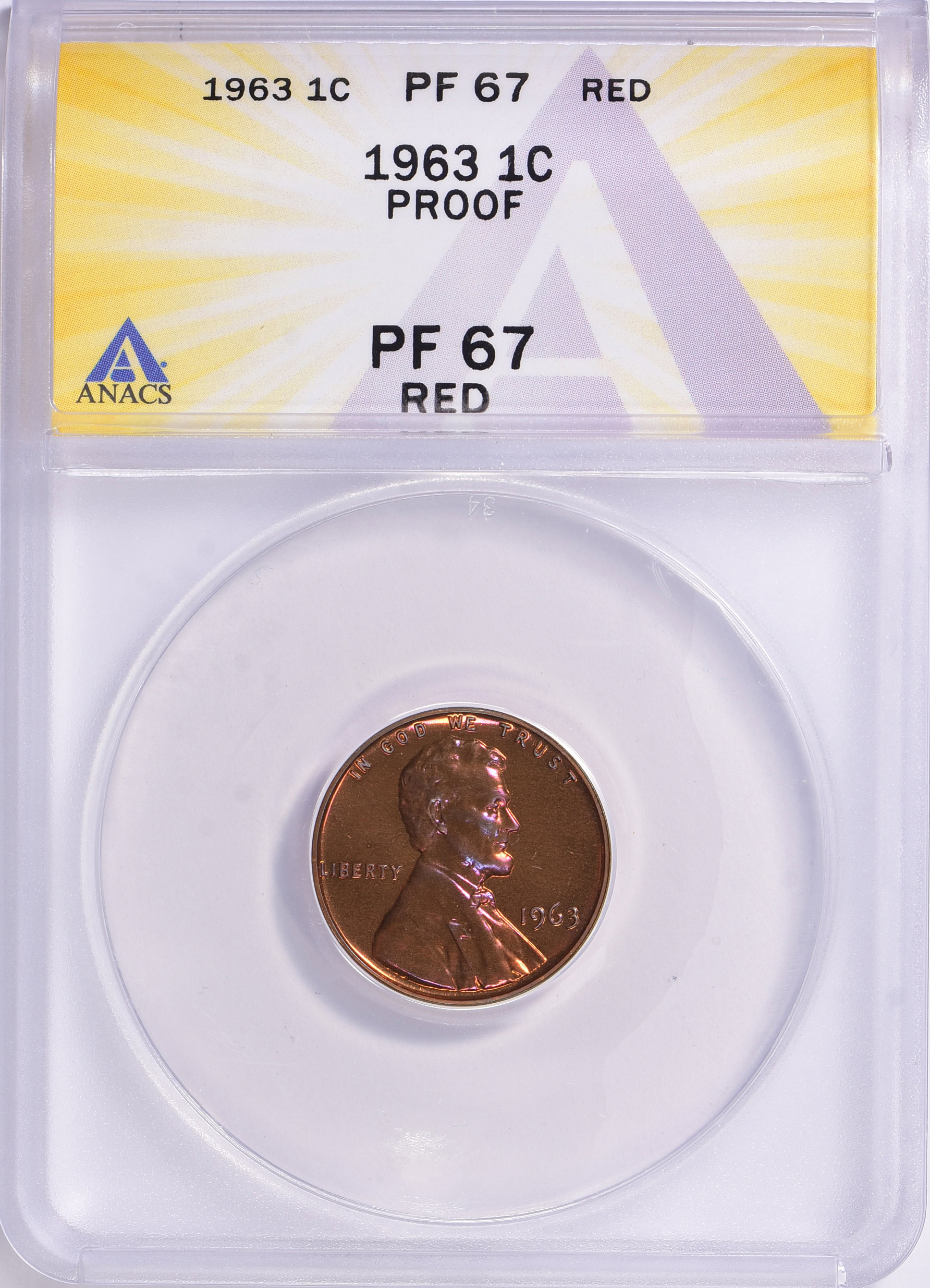 1963 Lincoln Cent ANACS Proof-67 RD (Toned) (Item 1688262) | GreatCollections Coin Auctions