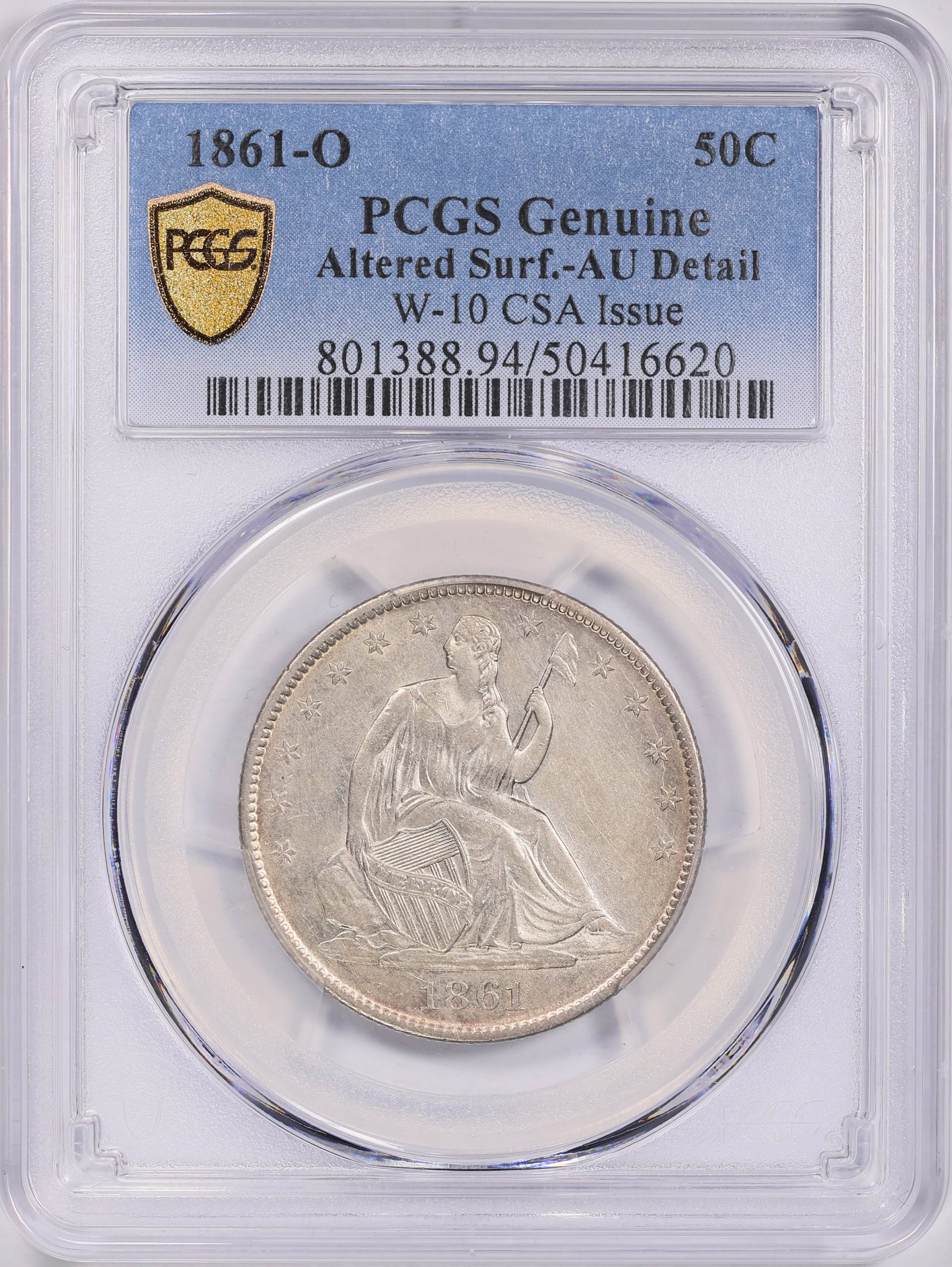 1861-O Seated Liberty Half Dollar CSA Issue W-10 PCGS Genuine AU Details (Item 1688979 ...