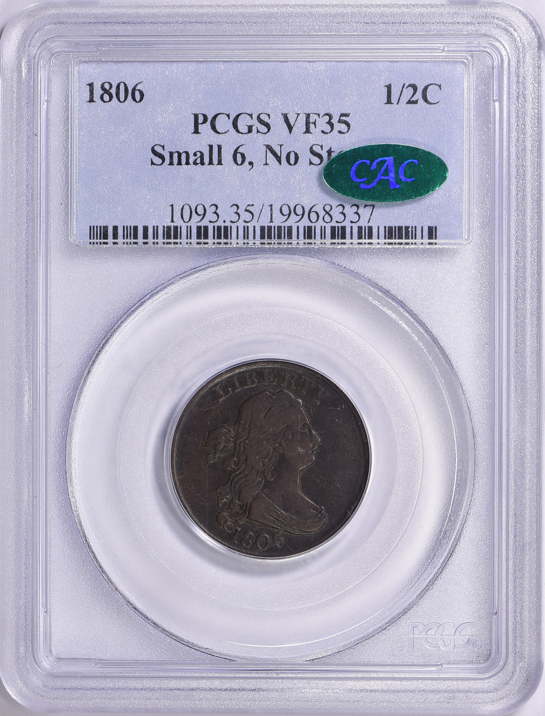 1806 Draped Bust Half Cent Small 6, No Stems PCGS VF-35 BN (CAC Green) (Item 1688988 ...