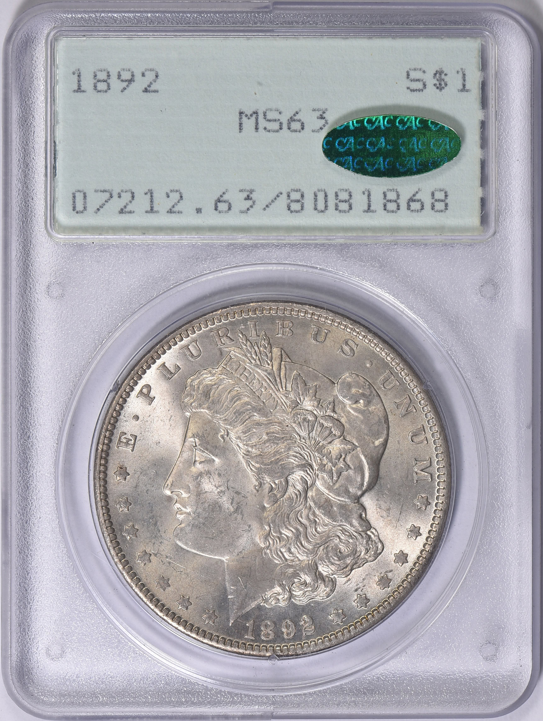 1892 Morgan Silver Dollar PCGS MS-63 (CAC Green) OGH (1st Gen) (Item 1689054) | GreatCollections ...