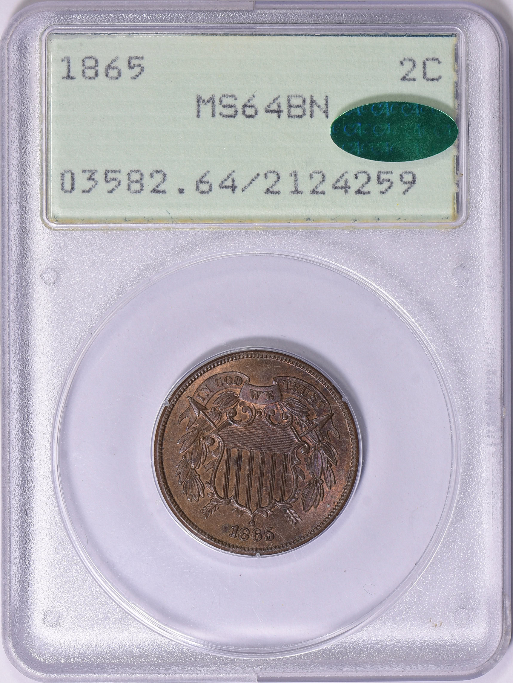 1865 Two-Cent Piece PCGS MS-64 BN (CAC Green) OGH (1st Gen) (Item ...