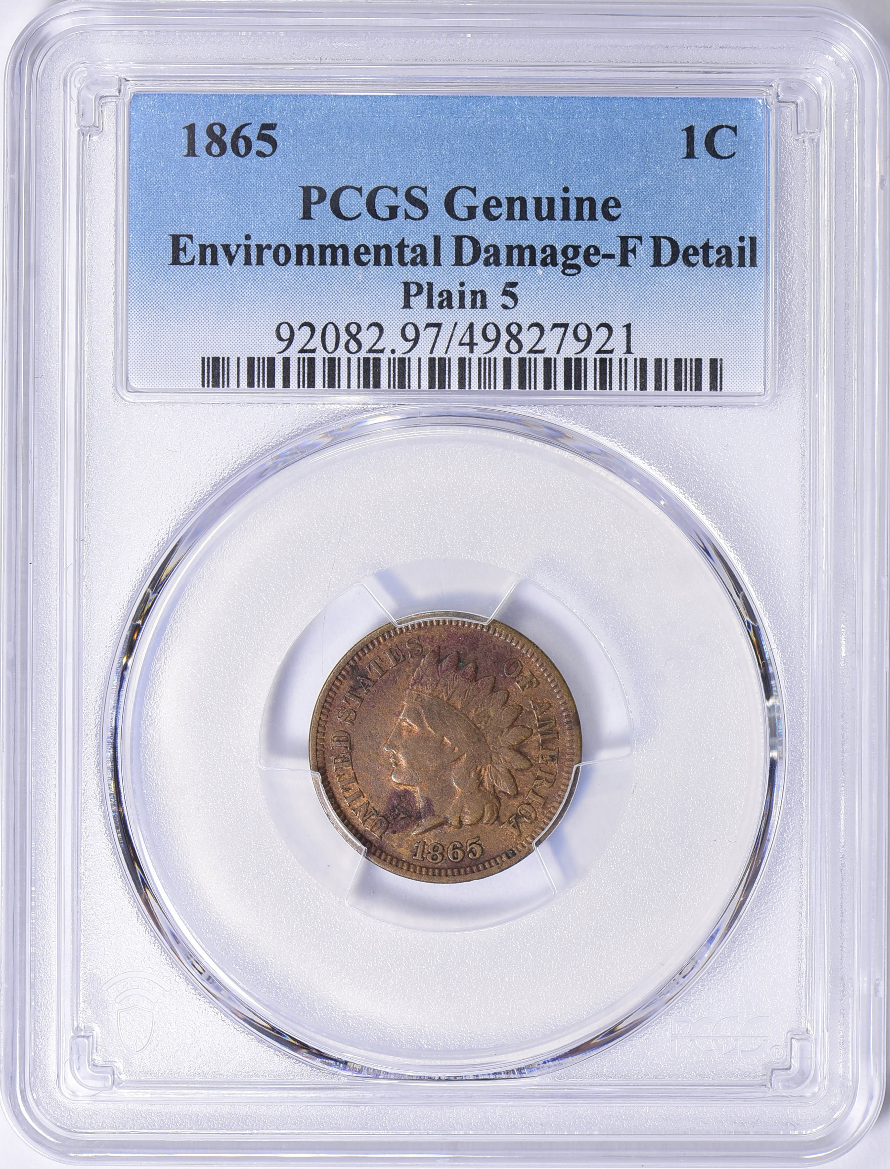 1865 Indian Cent Plain 5 PCGS Genuine Fine Details (Item 1689373) | GreatCollections Coin Auctions