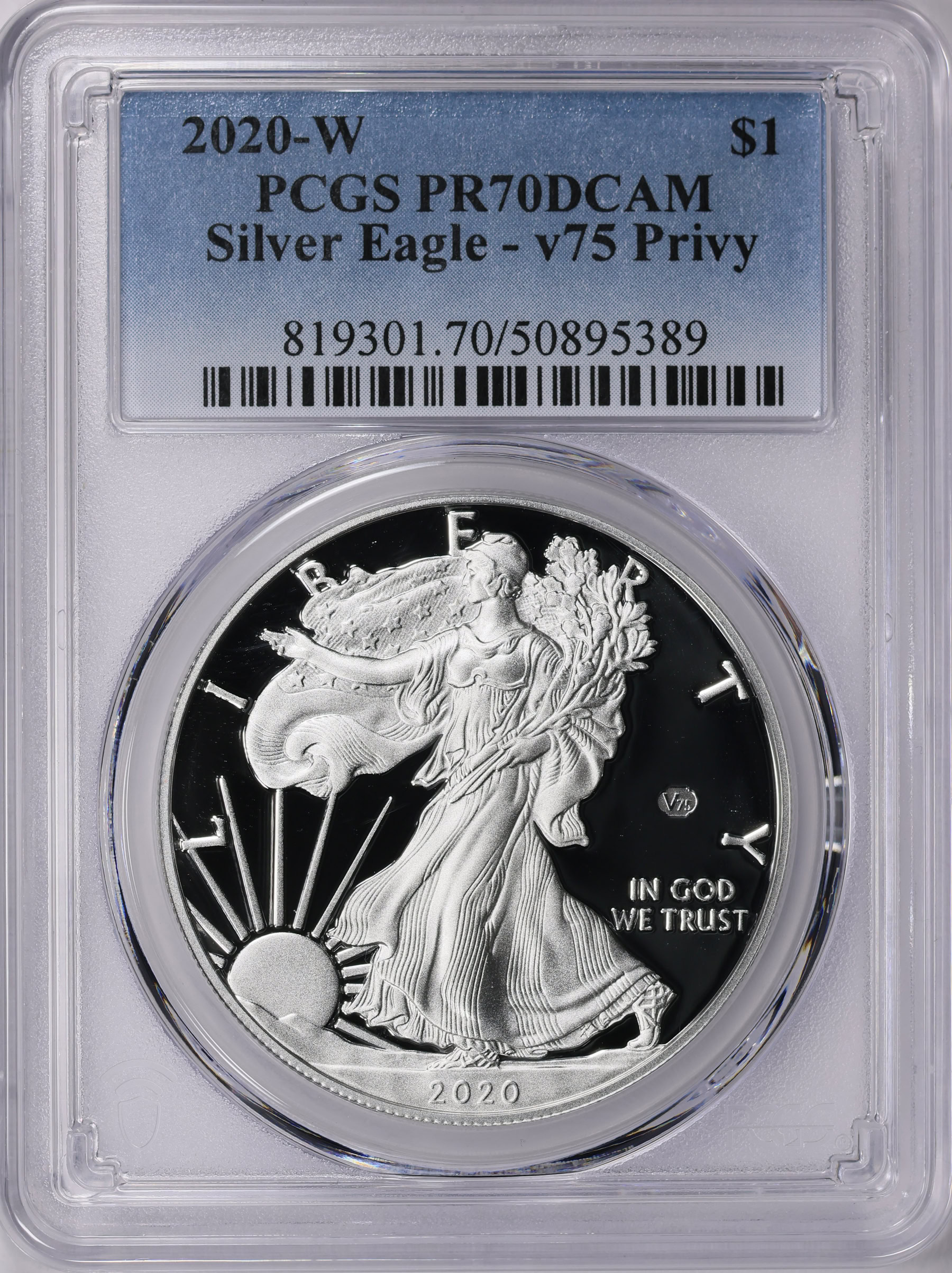 2020-W $1 Silver Eagle V75 Privy PCGS Proof-70 DCAM (Item 1689620) | GreatCollections Coin Auctions