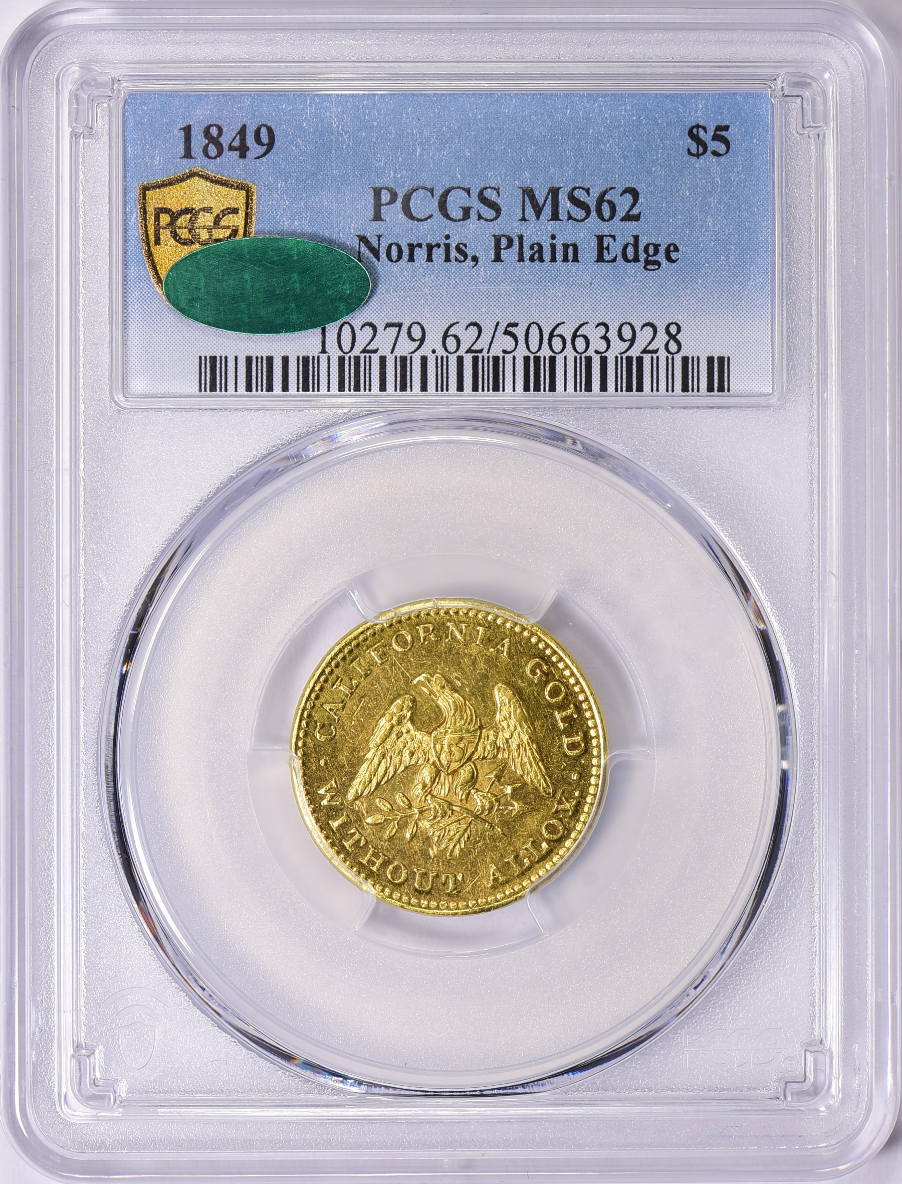 1849 California Gold $5 Norris, Gregg & Norris, Plain Edge PCGS MS-62 ...
